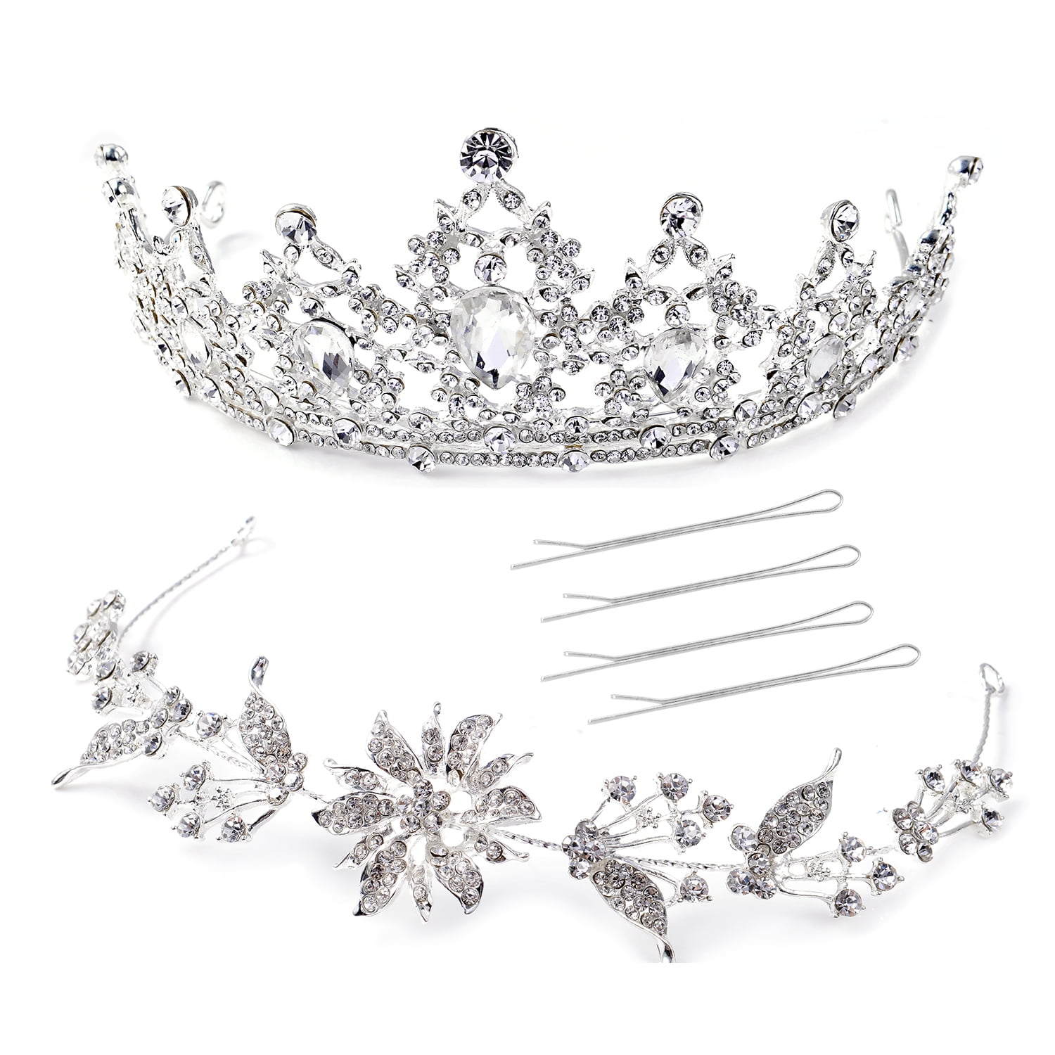 White Glass Crystal Fancy Flower Crown Tiara with Hair Band Pins in ...