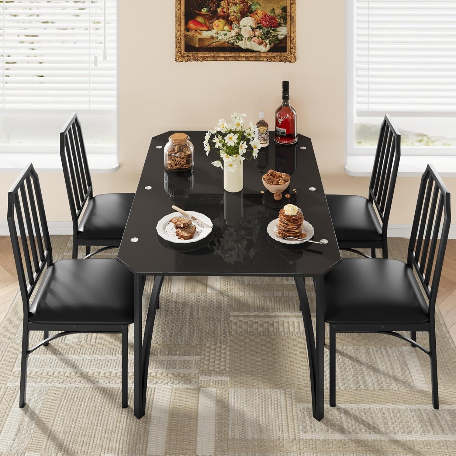 White Glass Dining Table Set with Chairs Modern Chamfered Design ...