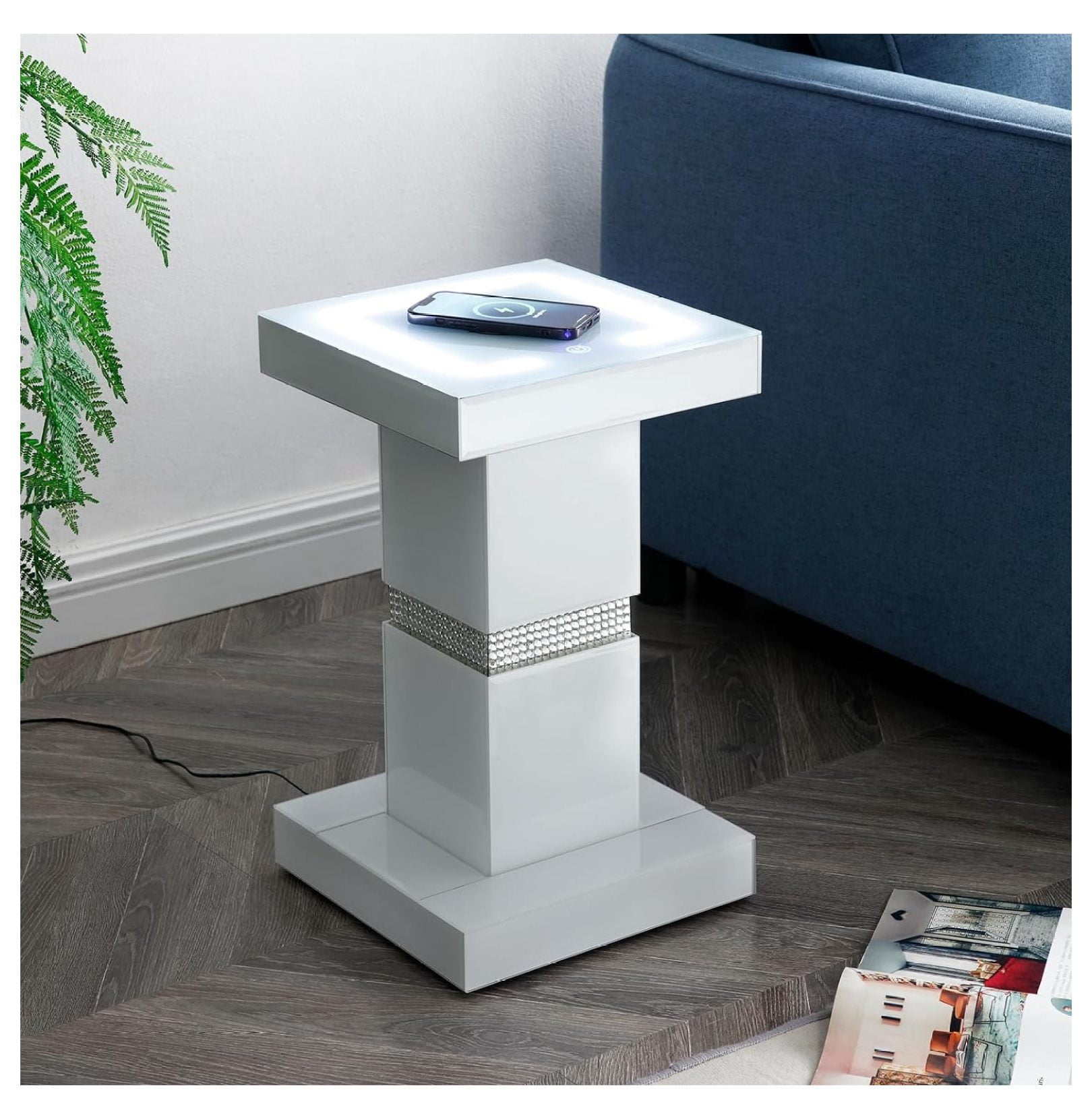 White Glass Side Table with Wireless Charging Station, 3 Color Dimmable ...