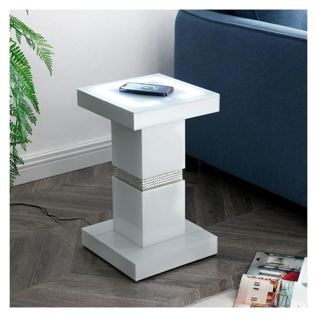 White Glass Side Table with Wireless Charging Station, 3 Color Dimmable ...