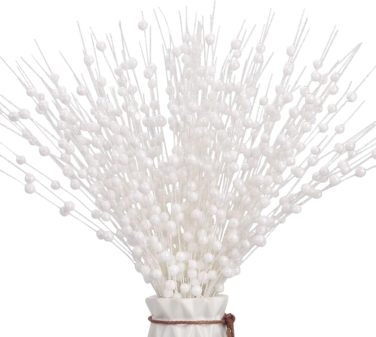 White Glitter Berry Stems, Christmas Decoration Glittery Twigs ...