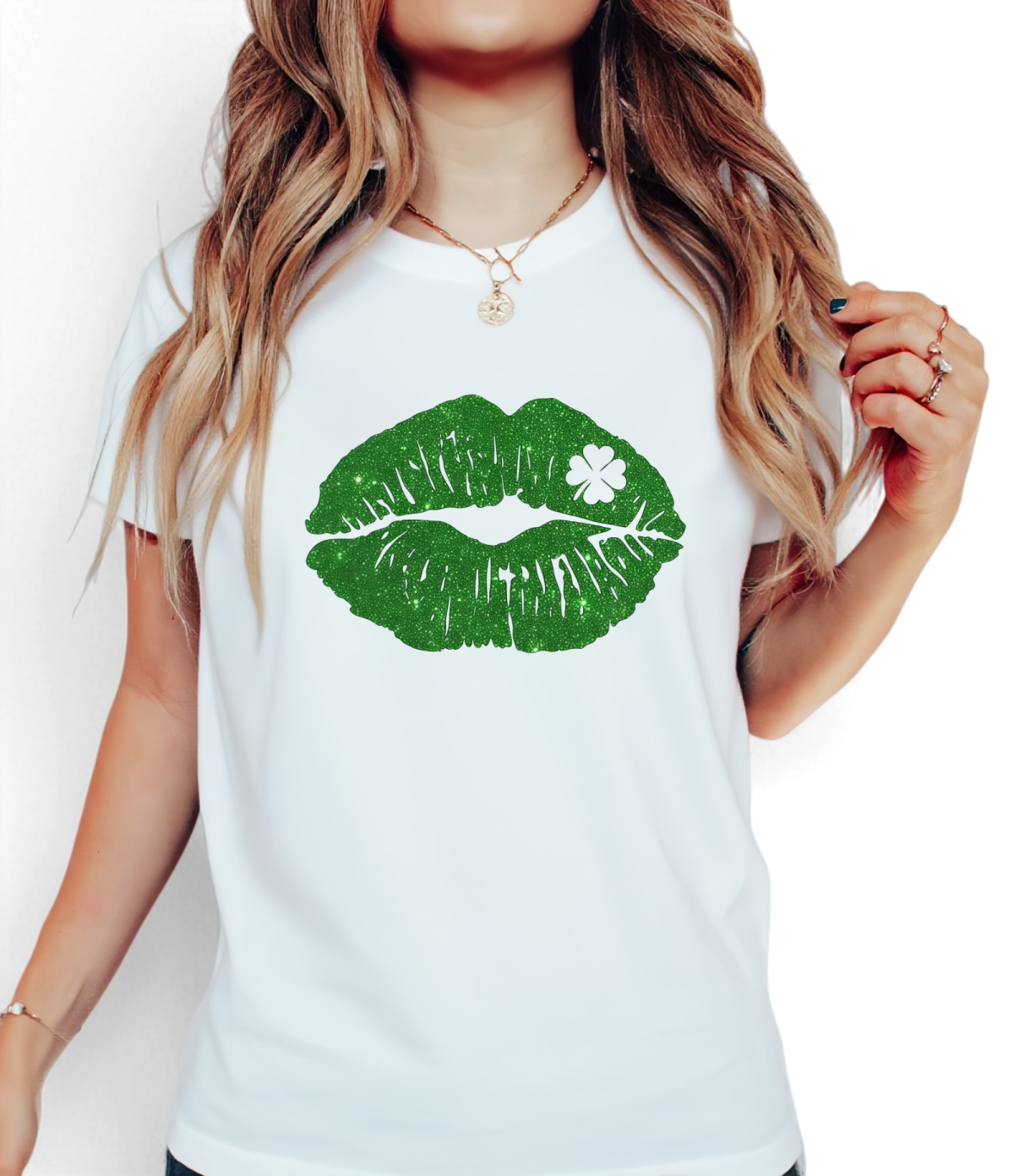 White Glitter Green Lips Clover Print Tshirt Graphic Tees Shirts St ...