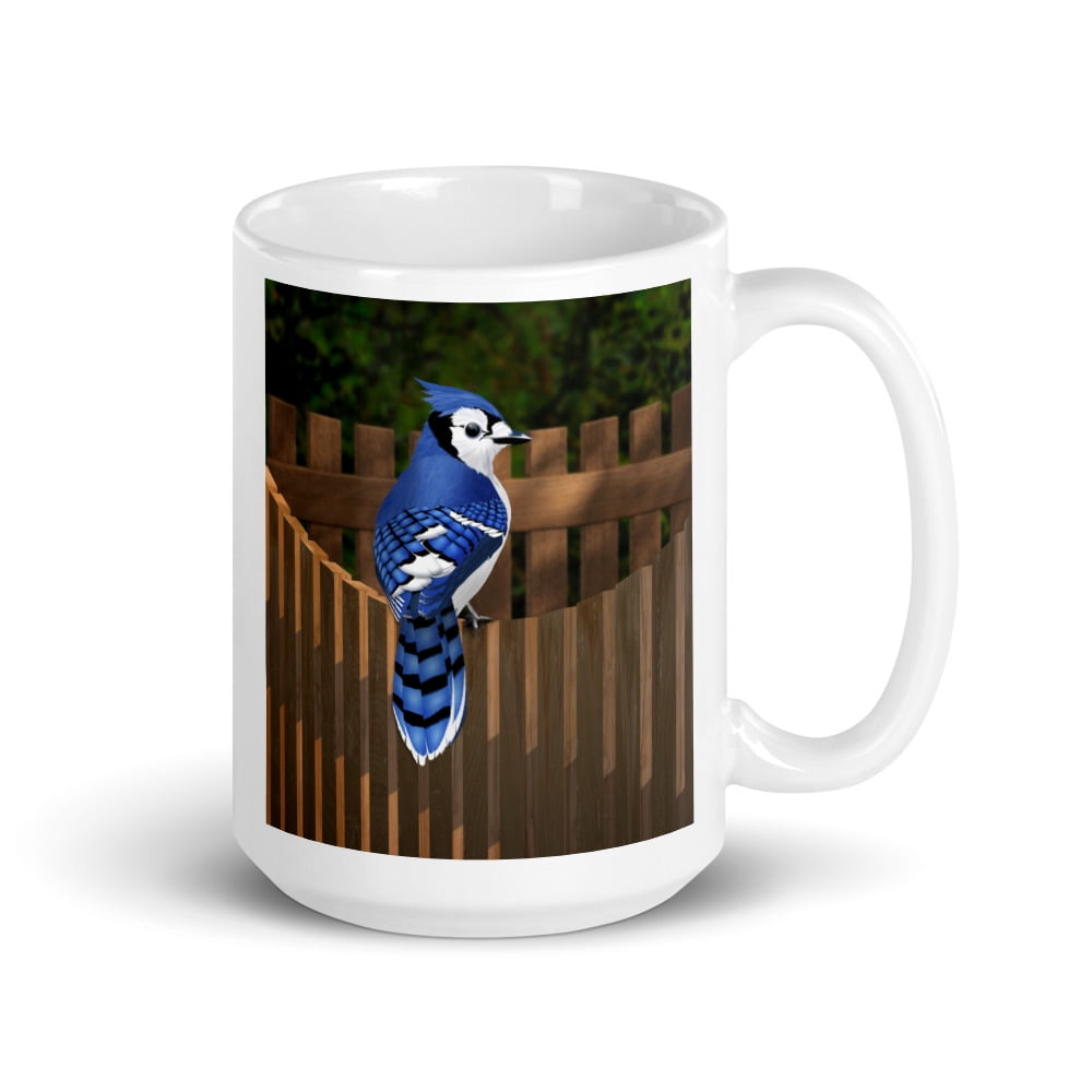 White Glossy Mug | Blue Jay Sitting on Fence | Mark Hailey Art (15 oz ...