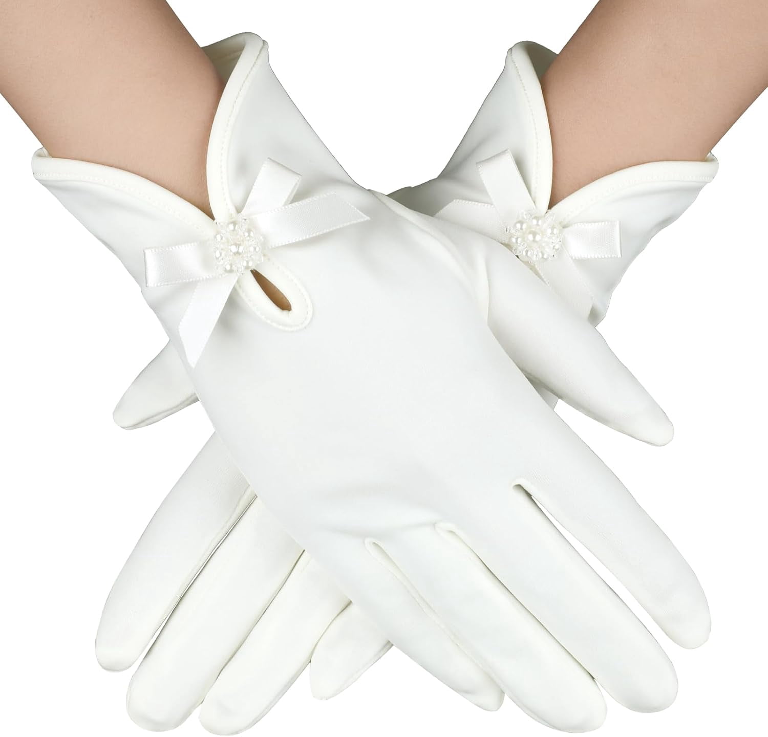 White Gloves Bow Short Satin Gloves Uniform Tuxedo Dress Wedding Bridal ...
