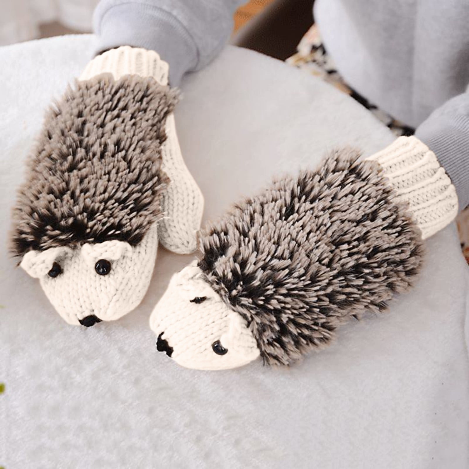 White Gloves Mittens Women's Knitted Warm Cartoon Hedgehog Winter ...