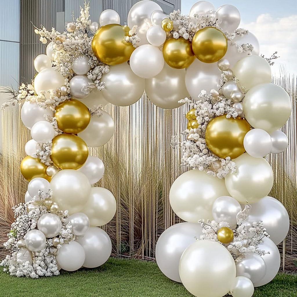 White and Gold Balloon STF9 Garland - Double Stuffed Pearl White Gold ...