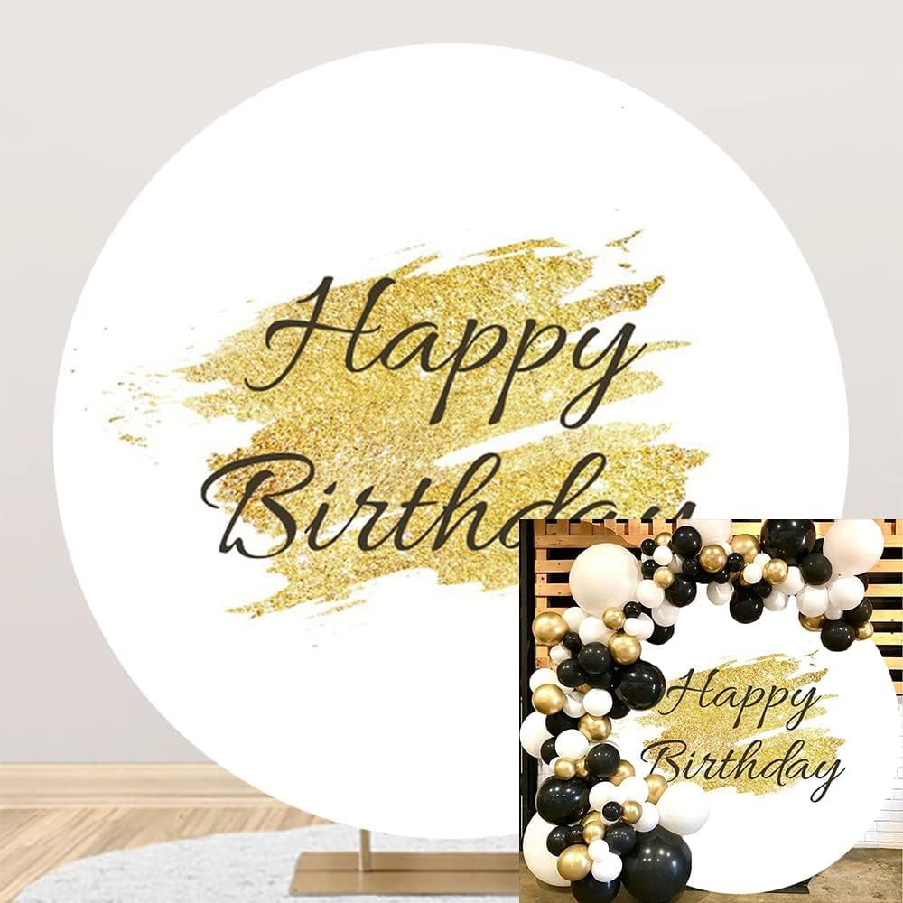 White Gold Birthday Round Backdrop Cover 7.2x7.2ft Happy Birthday Round ...