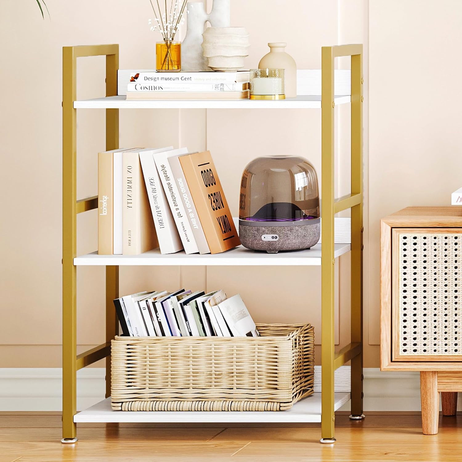 White and Gold Bookshelf, 3 Tier Small Bookcase for Small Spaces ...