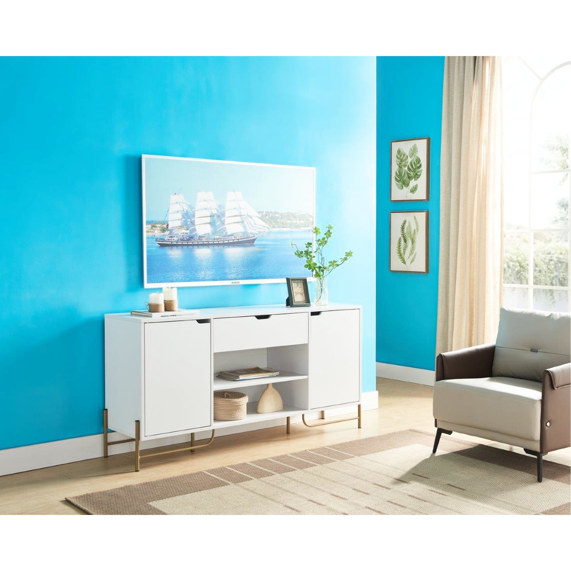 White & Gold Buffet with Multiple Storage Spaces | Works as TV Stand ...