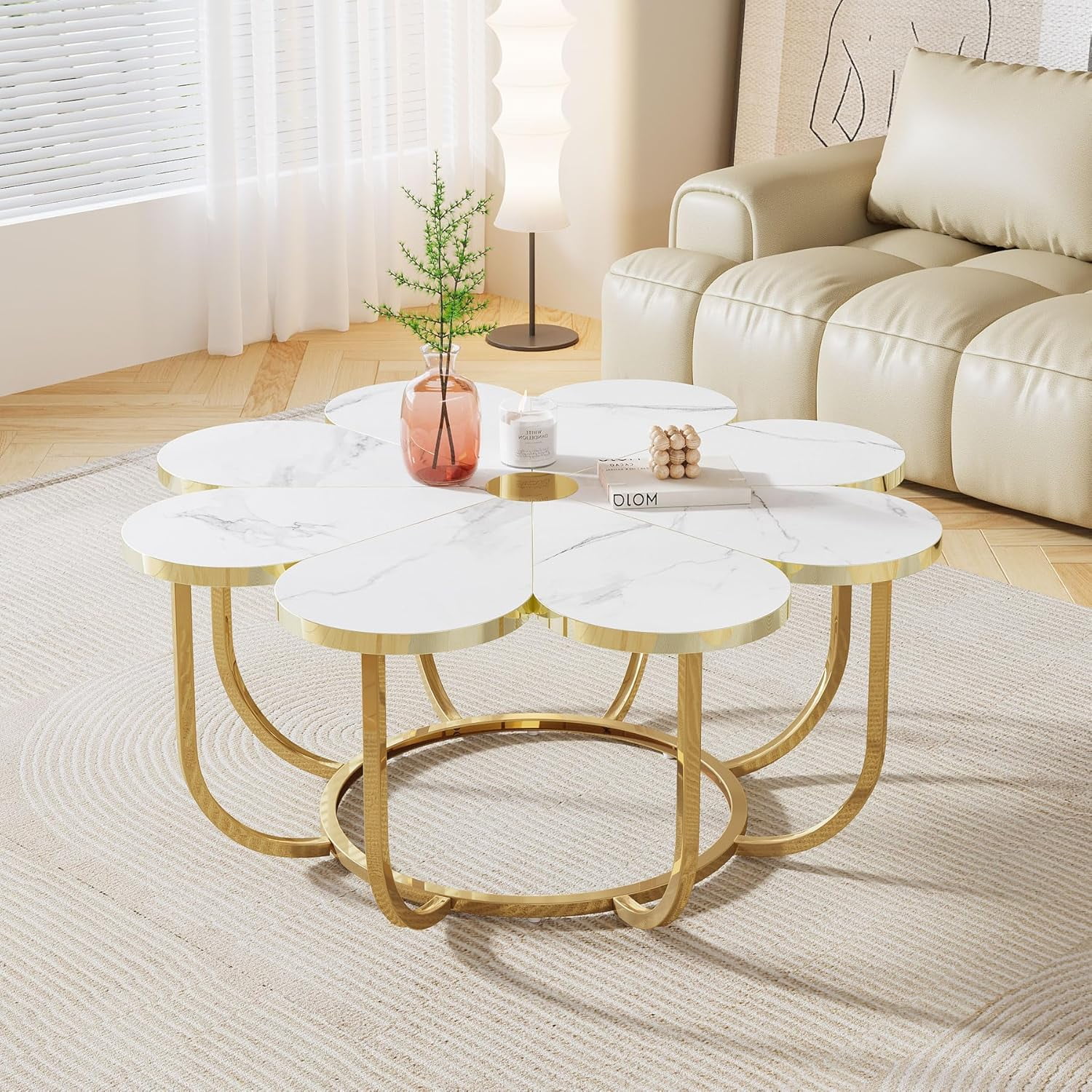 White and Gold Coffee Table, Modern Flower-Shaped Coffee Table with ...