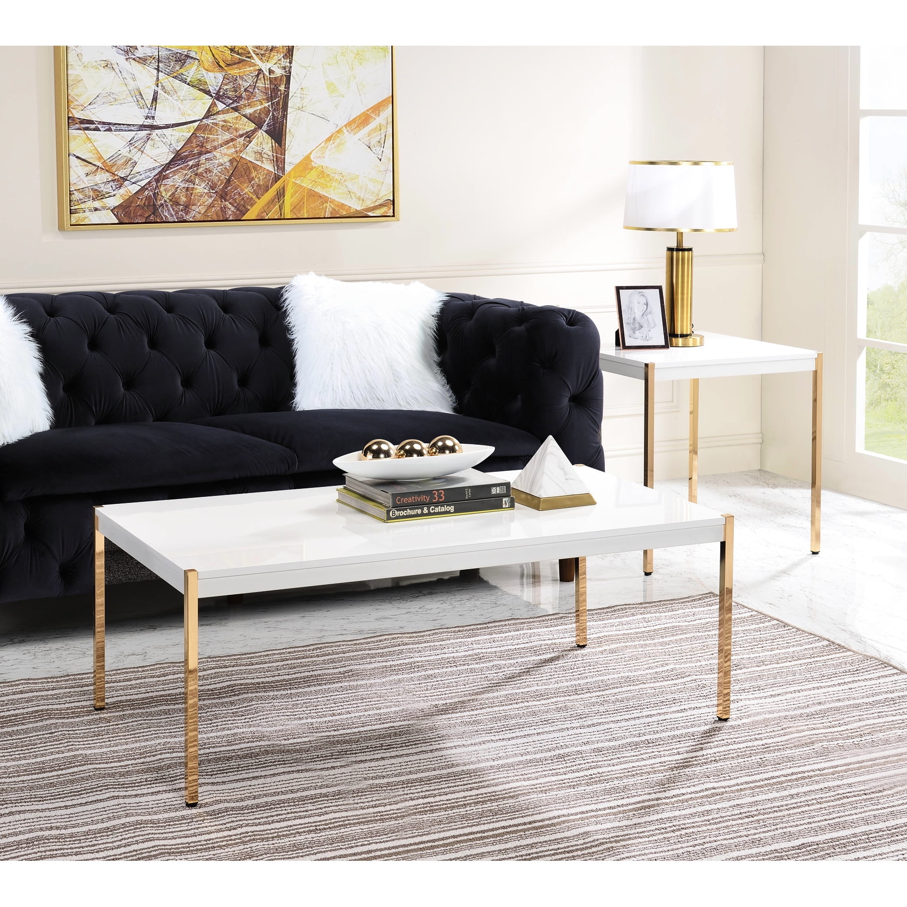 White And Gold Coffee Table, Wooden Top Metal Legs, Minimalist Design ...