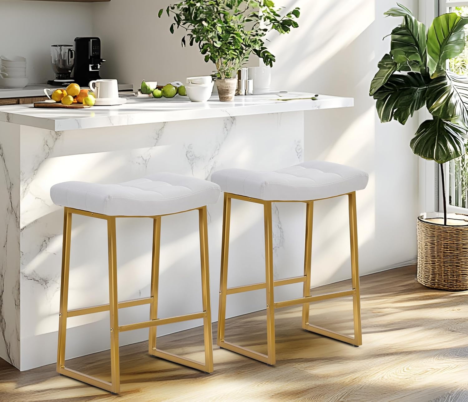 White & Gold Counter Height Bar Stools Set of 2 for Kitchen Counter ...