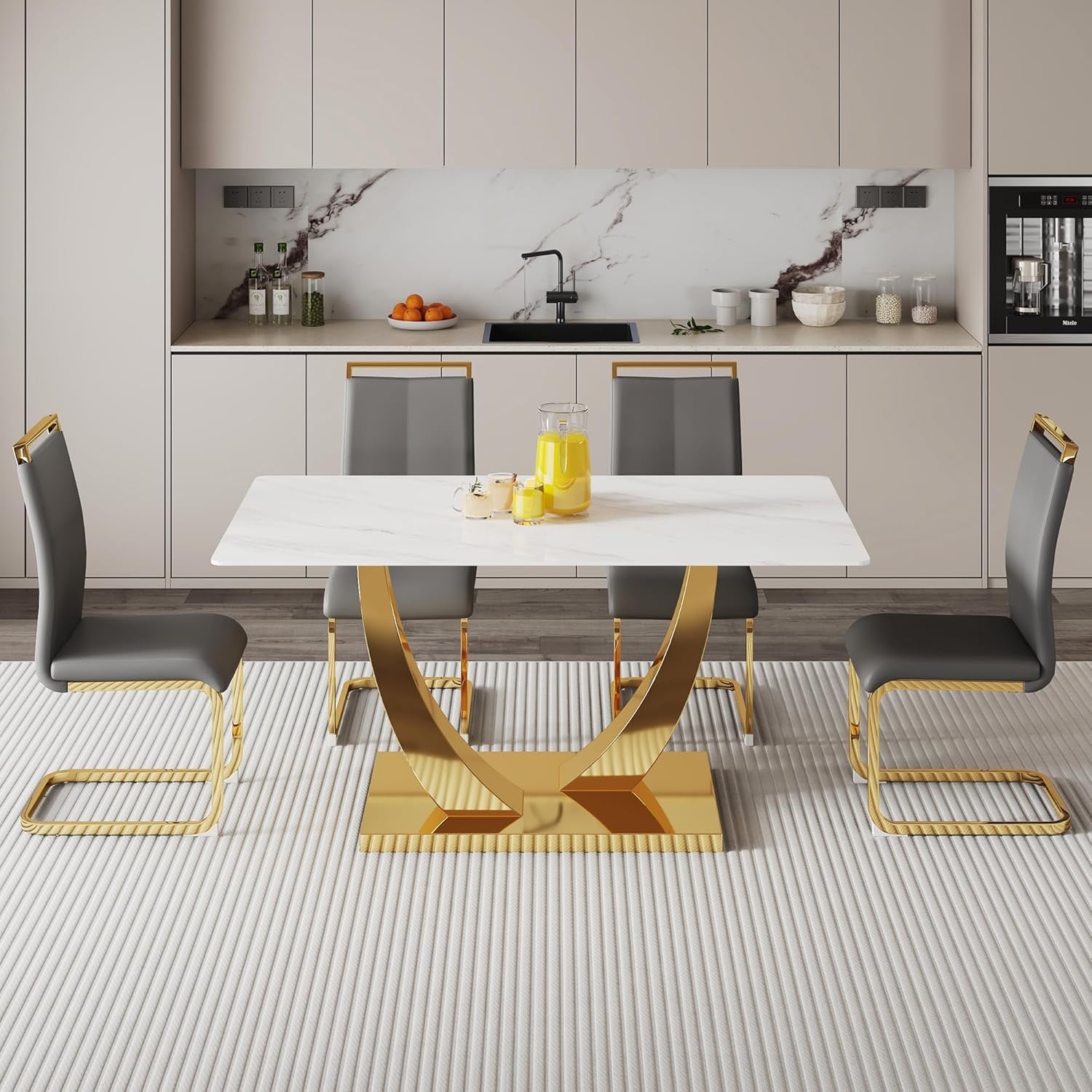 White and Gold Dining Table Set for 4, Faux Marble Dining Room Table ...