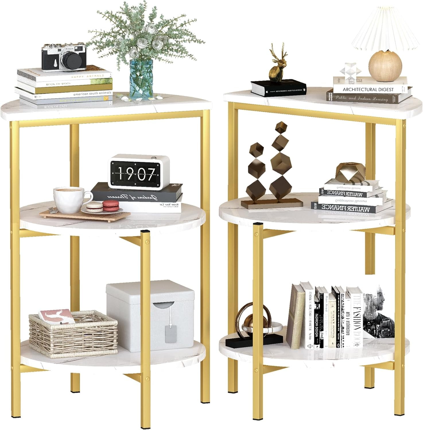 White and Gold End Tables Set of 2, Round Marble Nightstand Set of 2 ...