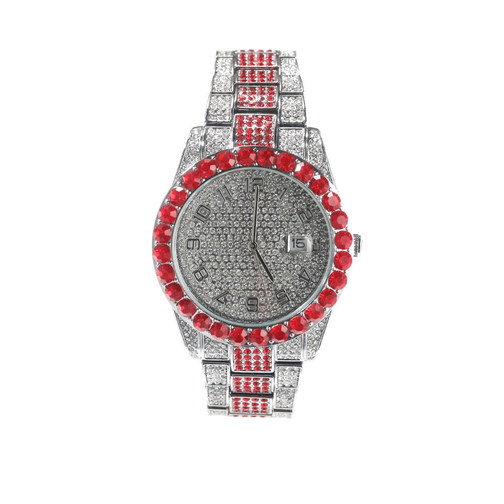 White Gold Finish Red Solitaire Bezel Simulated Diamond Bling Stainless ...