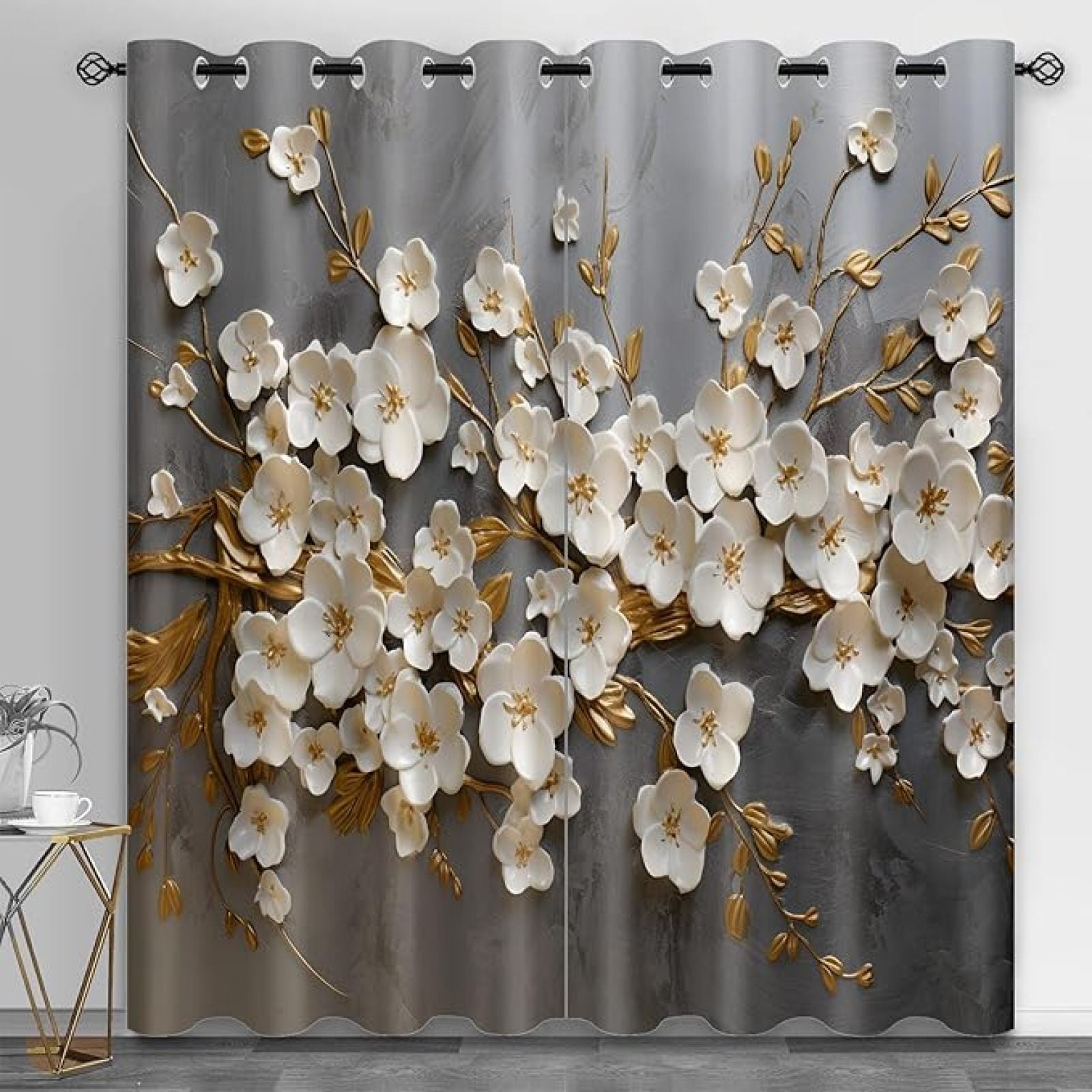 White Gold Floral Window Treatments, 3D Textured Blossom Blackout ...