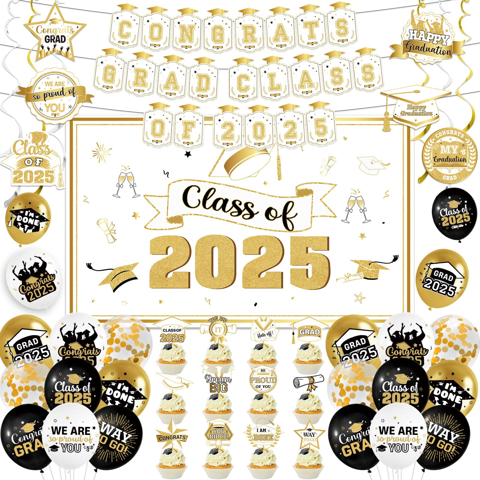 White and Gold Graduation SSF20 Decorations 2025 Grad Party Decorations ...