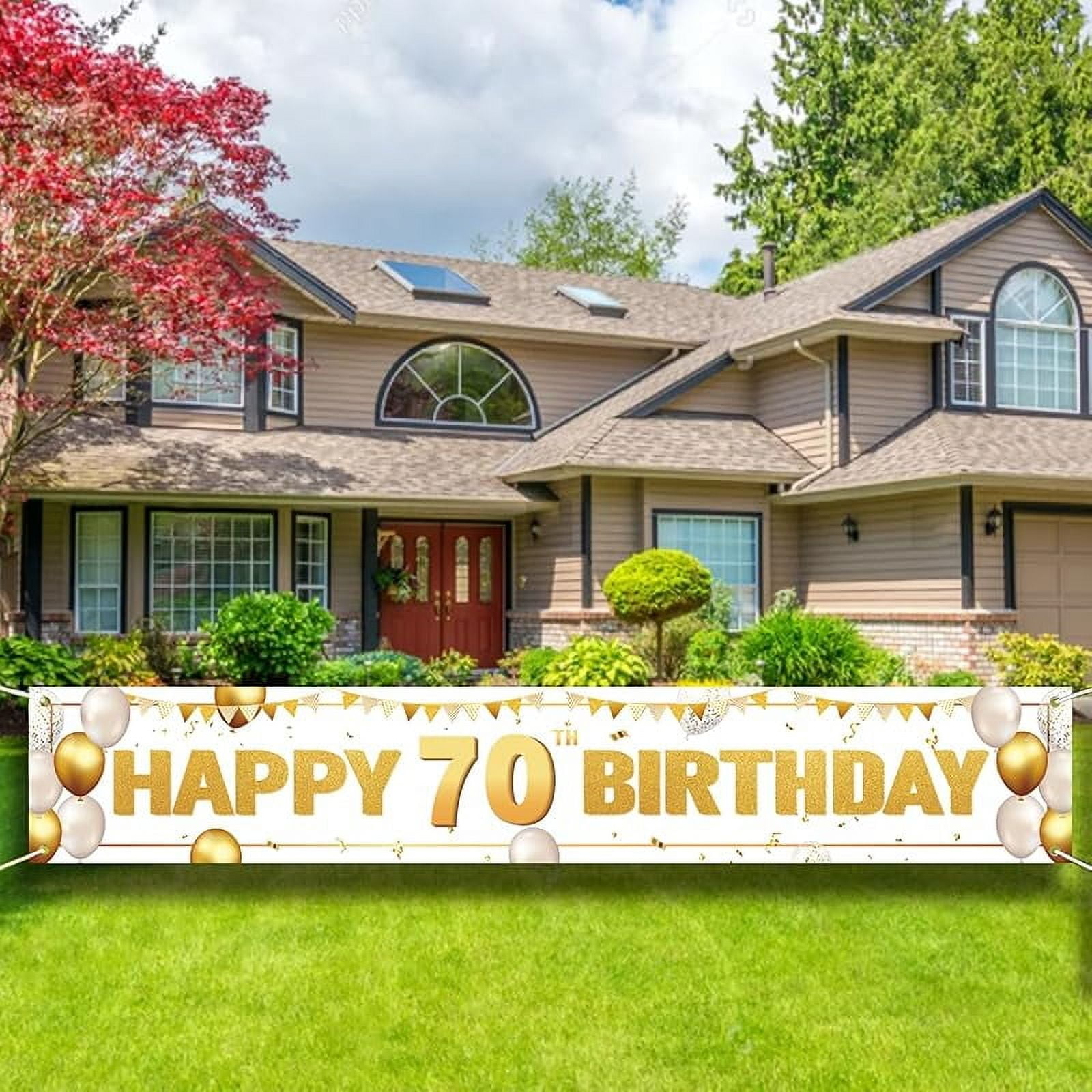 White Gold Happy 70th Birthday Yard Banner,White Birthday Backdrop ...