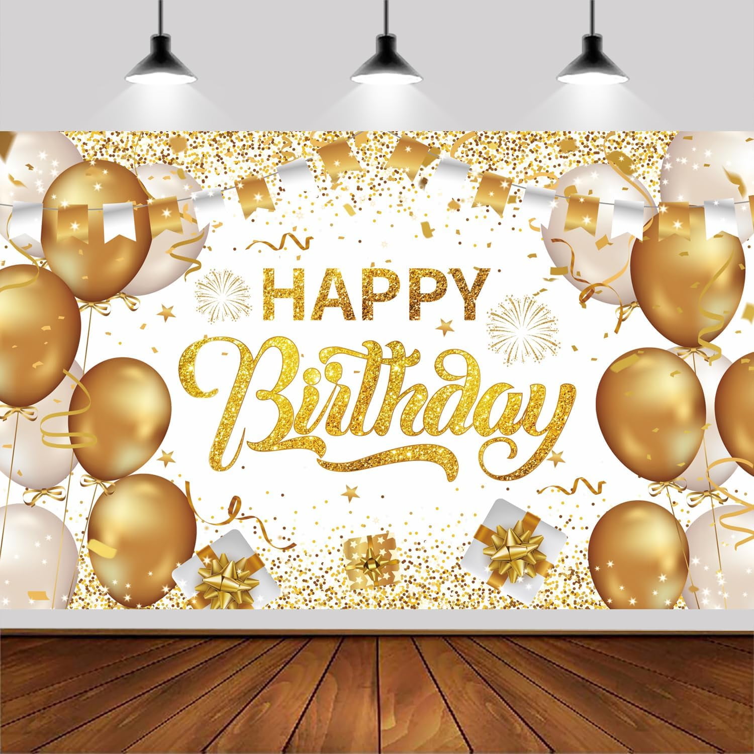 White Gold Happy Birthday Backdrop, White Gold Happy Birthday ...