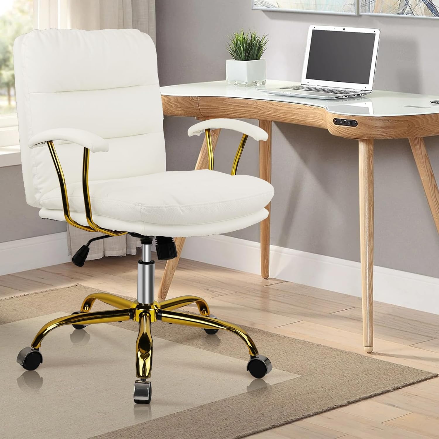 White and Gold Home Office Chair, Comfy Swivel Leather Desk Chair with ...