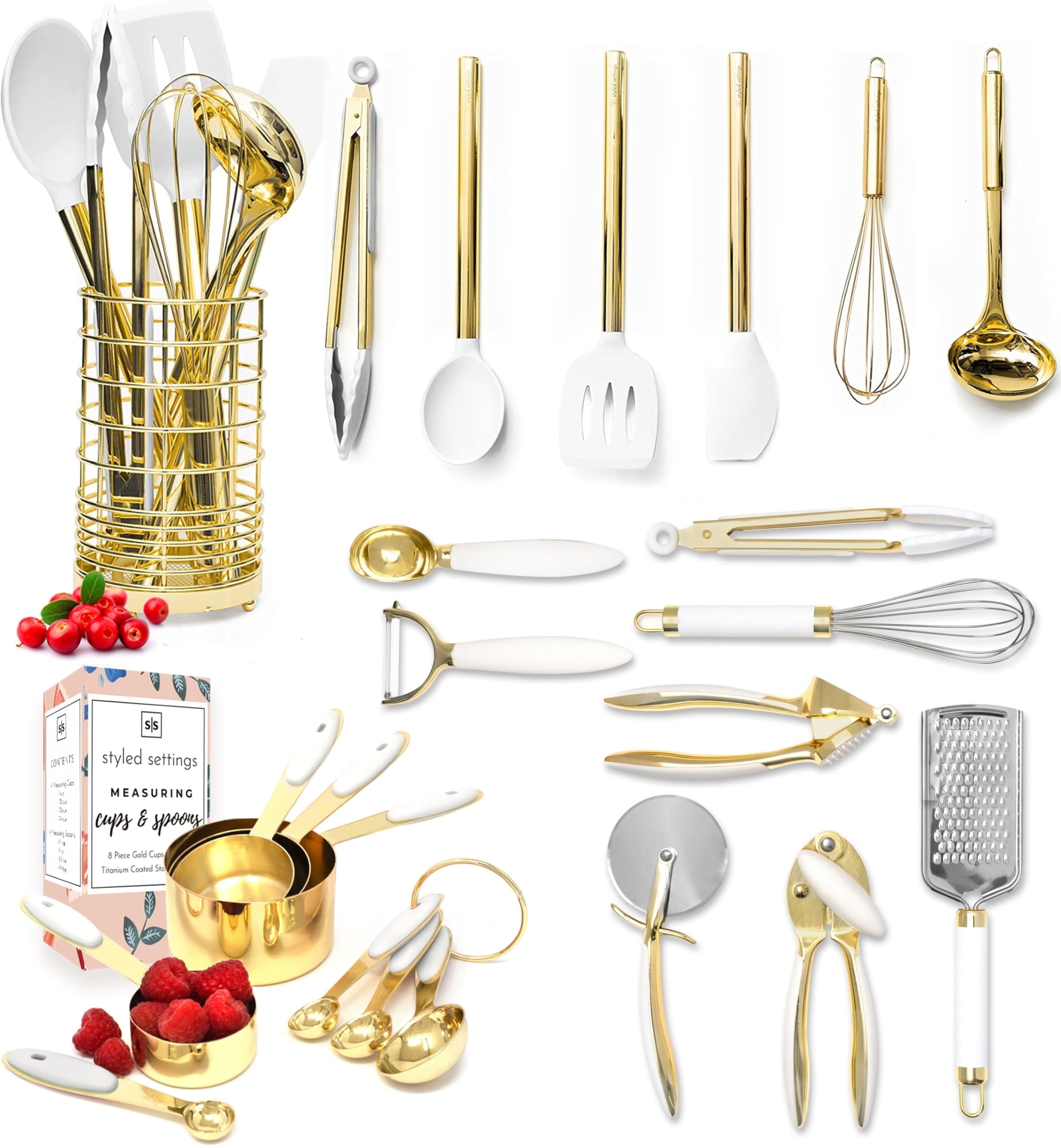 White and Gold Kitchen Utensils Set - 23 Piece Luxe White and Gold ...