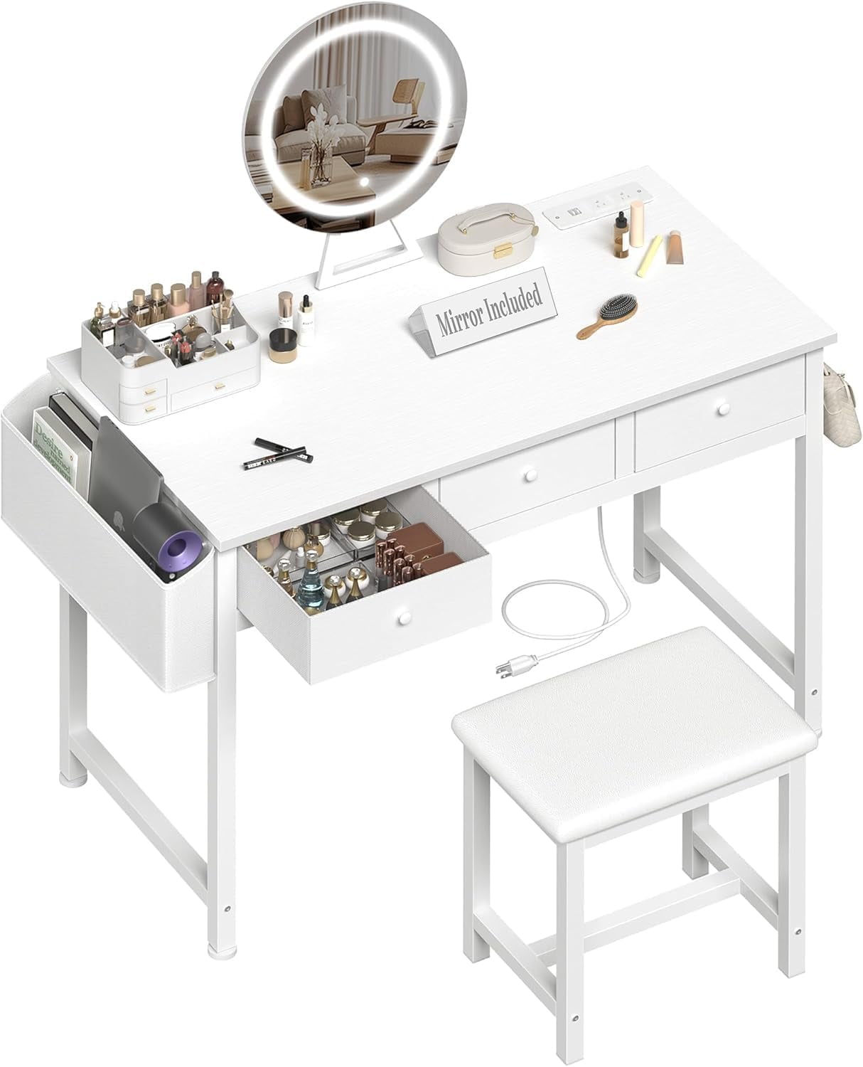 White and Gold Makeup Vanity Desk with Mirror and Lights Big Vanitys ...
