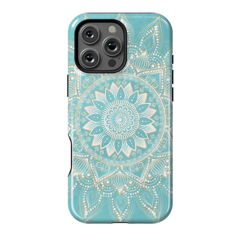 White Gold Mandala Sky Blue Phone Case for iPhone 11 12 13 14 15 16 Pro ...