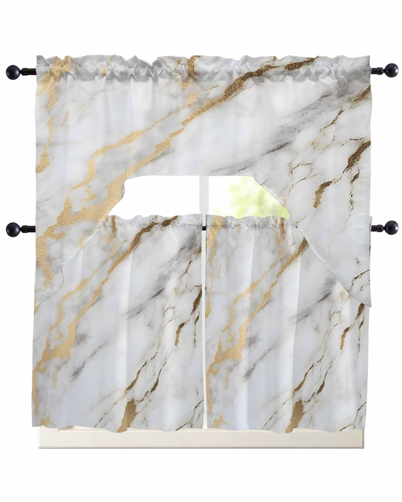 White Gold Marble Kitchen Curtains Swag Valance and Tier Curtains Set ...