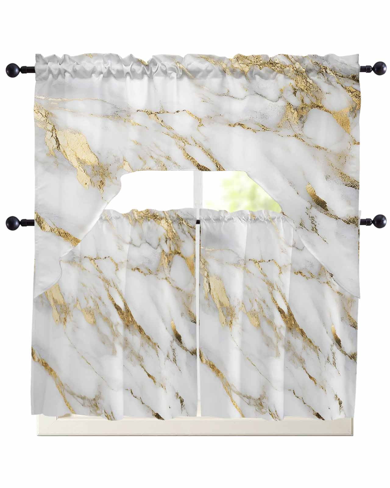 White Gold Marble Kitchen Curtains Swag Valance and Tier Curtains Set ...