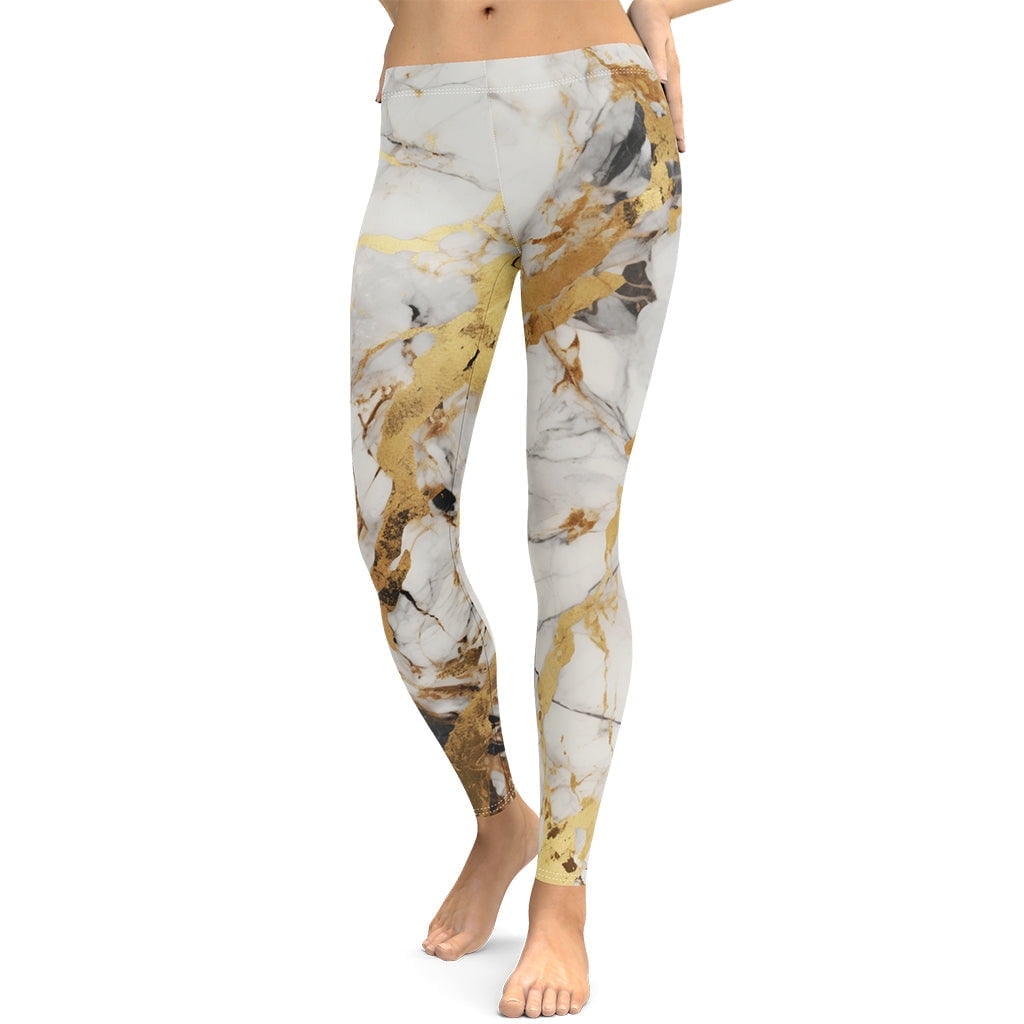 White & Gold Marble Leggings Size: XS for Women | FIERCEPULSE - Walmart.com