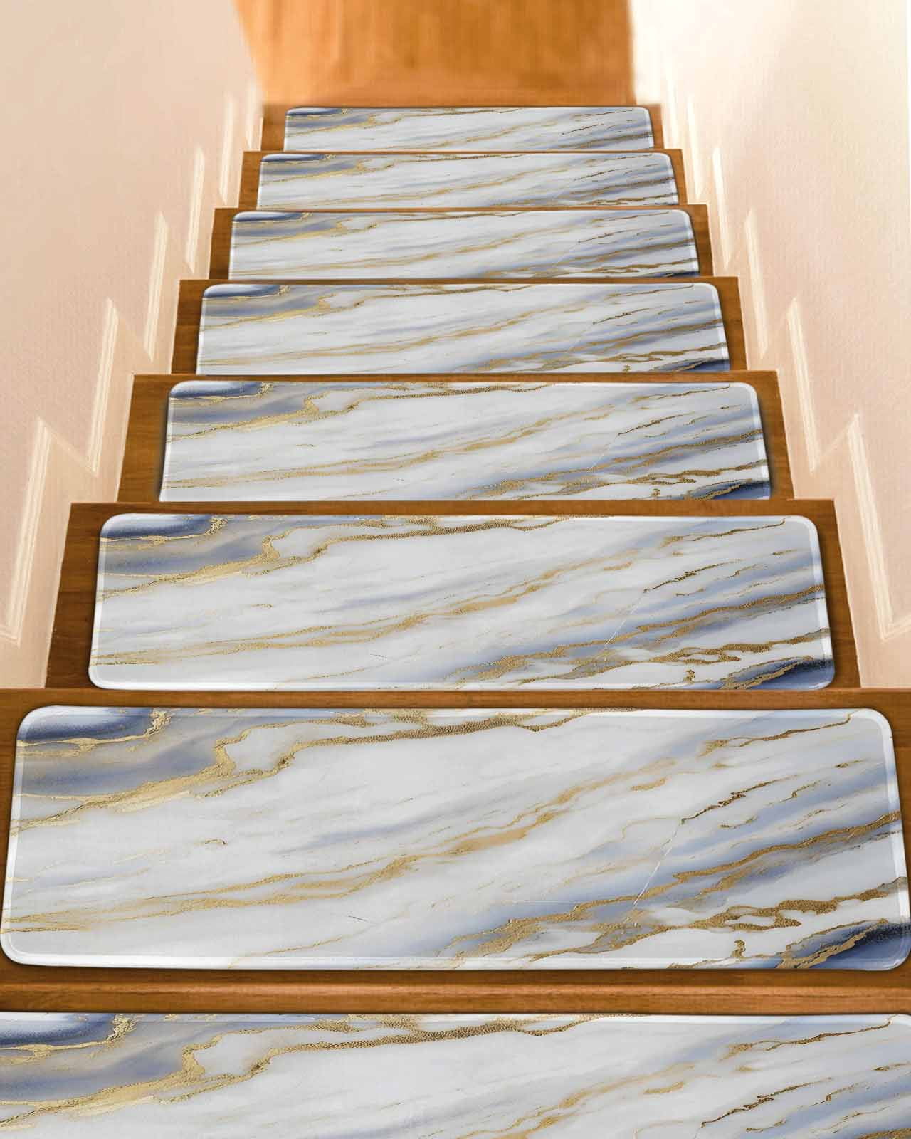 White Gold Marble Non-Slip Stair Treads for Wooden Steps, 15 Pack ...