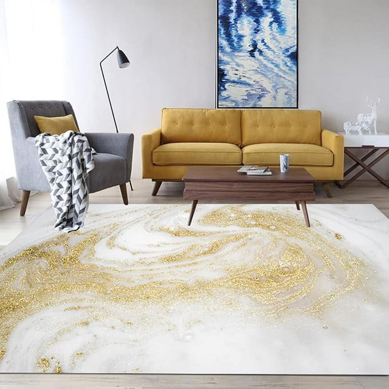 White Gold Marble Pattern Area Rugs Thick Soft Washable Modern Abstract ...