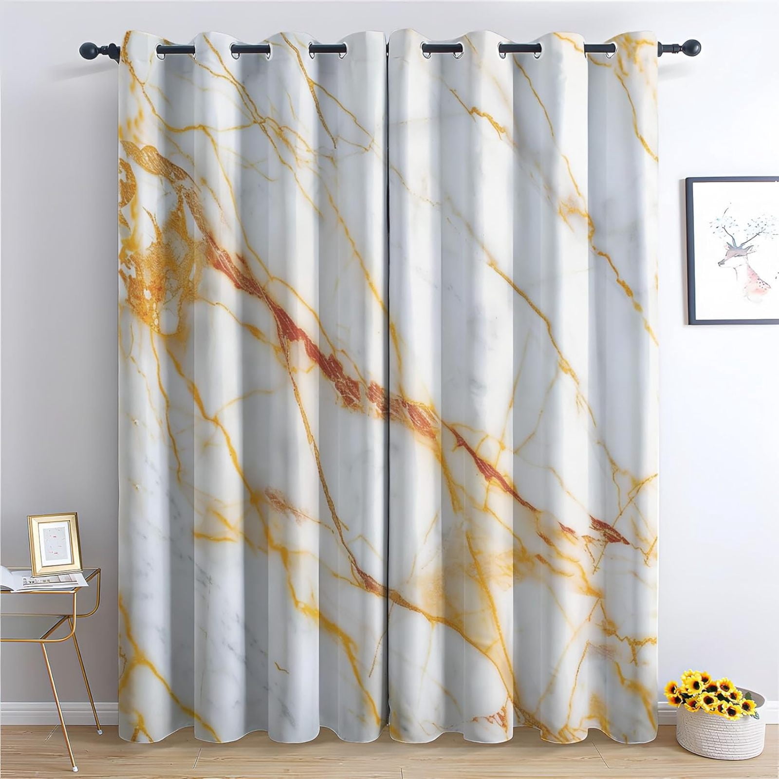 White Gold Marble Texture Blackout Curtains For Bedroom Decor, Abstract ...