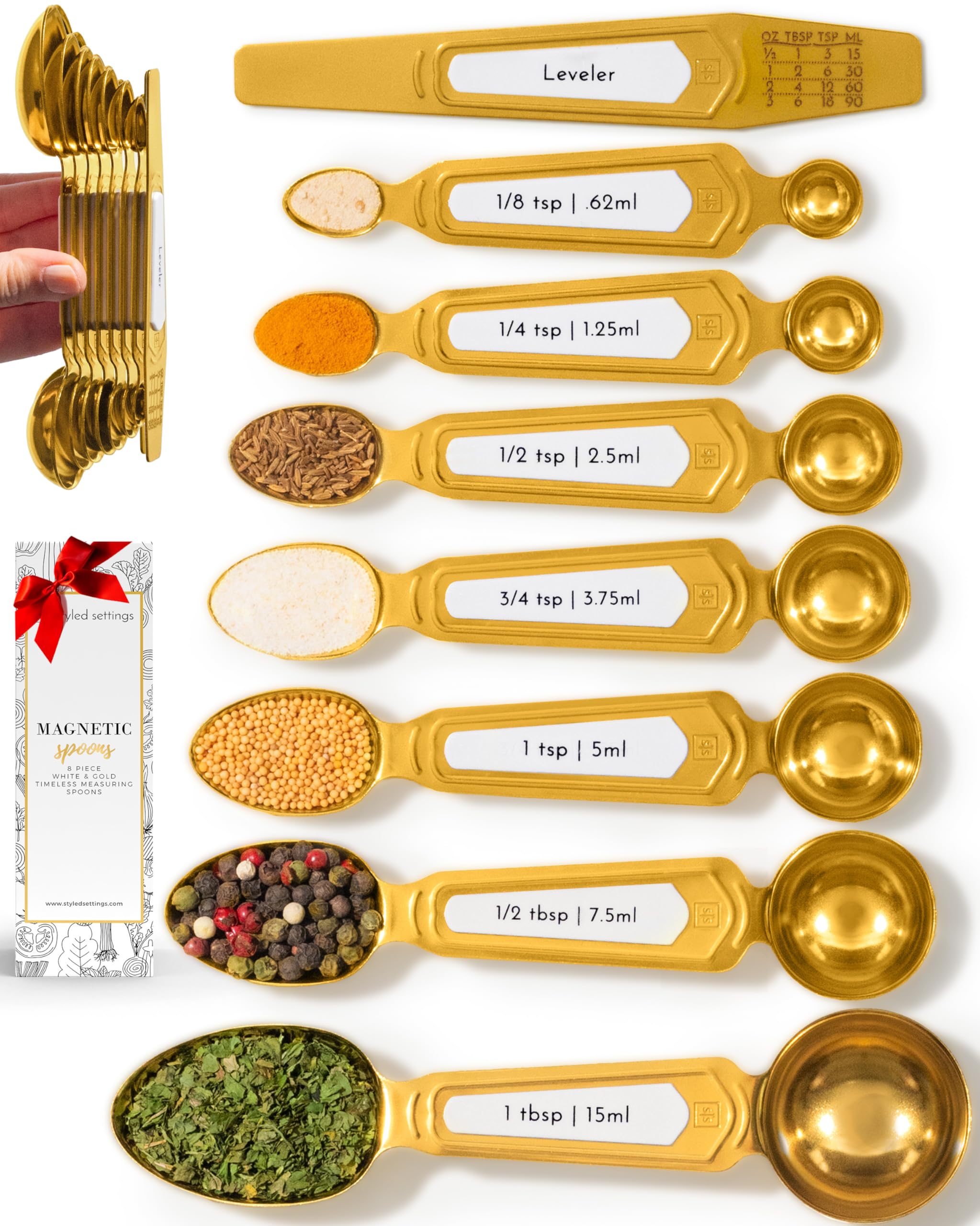 White and Gold Measuring Spoons with Leveler - Featuring 8PC Upgraded ...