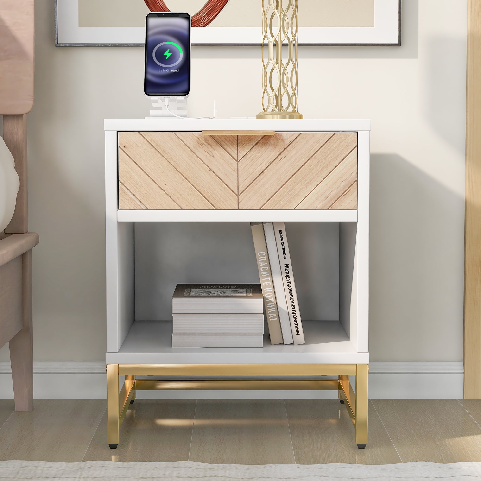 White and Gold Nightstand with Charging Station, Modern Night Stands ...