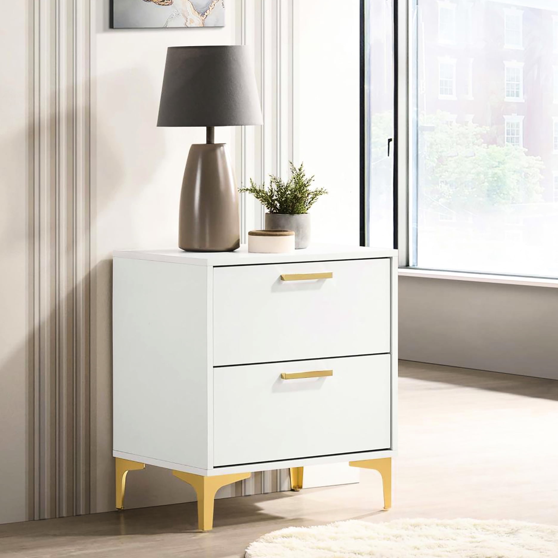 White Gold Nightstand For Bedroom Use - 2 Drawers, Spacious Storage ...