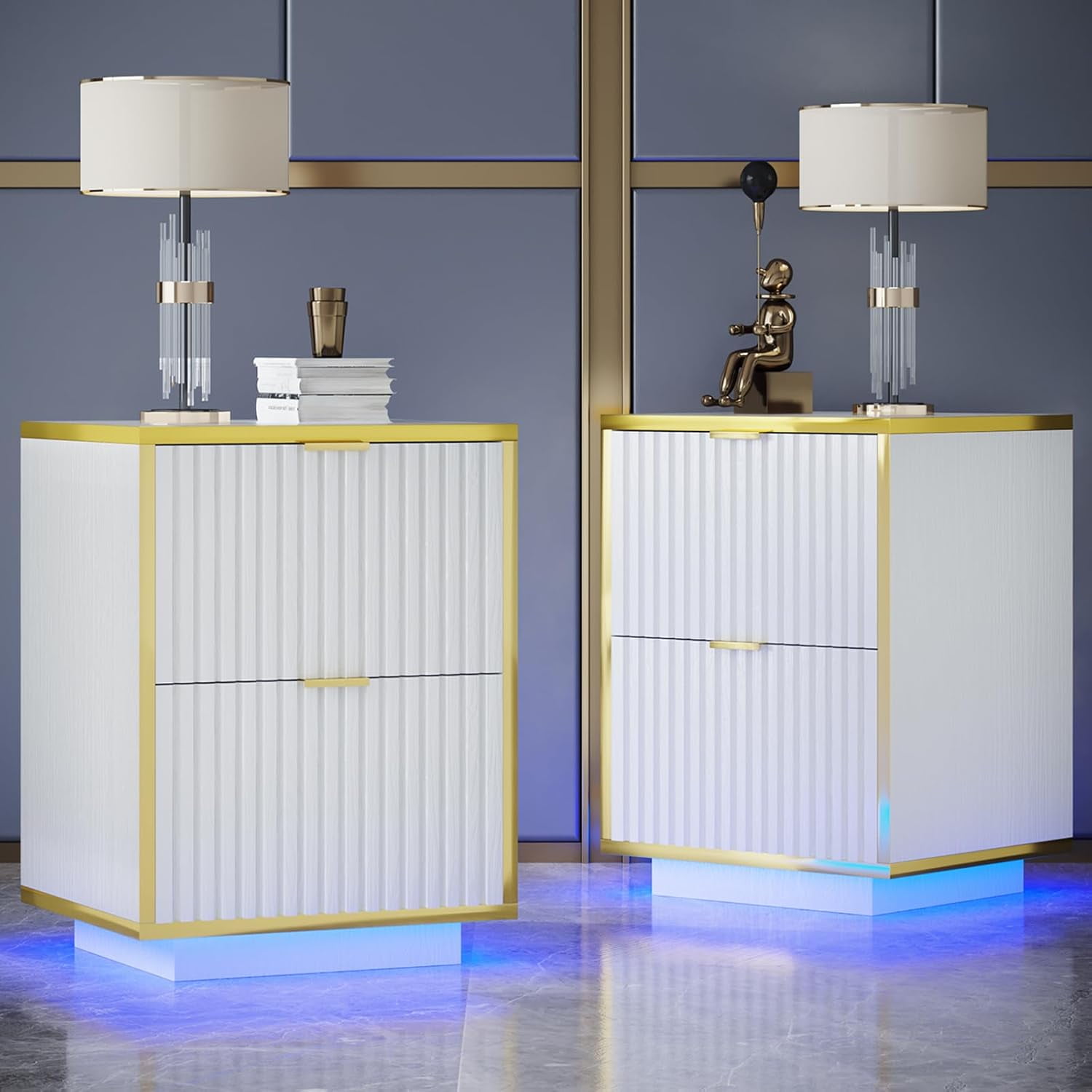 White and Gold Nightstand with LED Lights, White Nightstand with ...