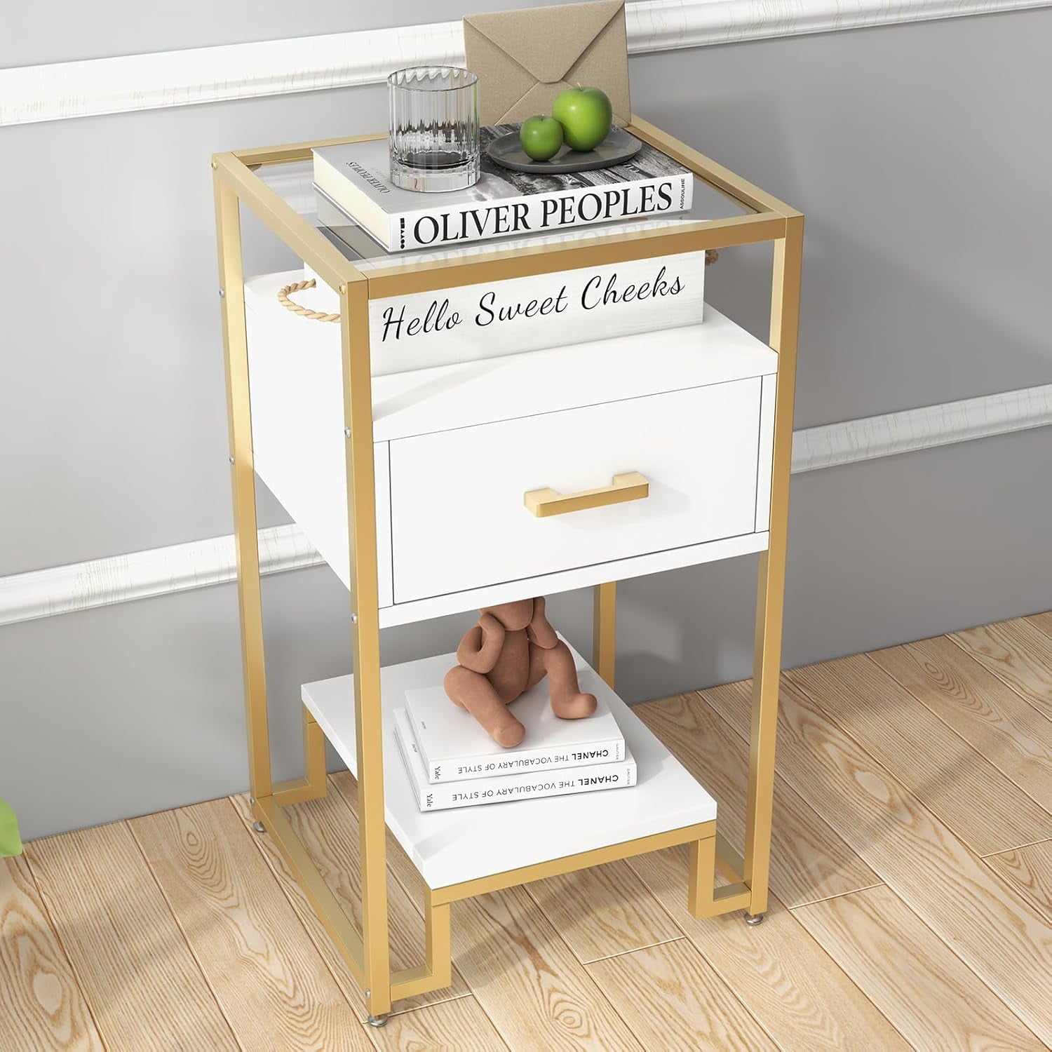 White and Gold Nightstand, Mid Century Modern End Table with Storage ...
