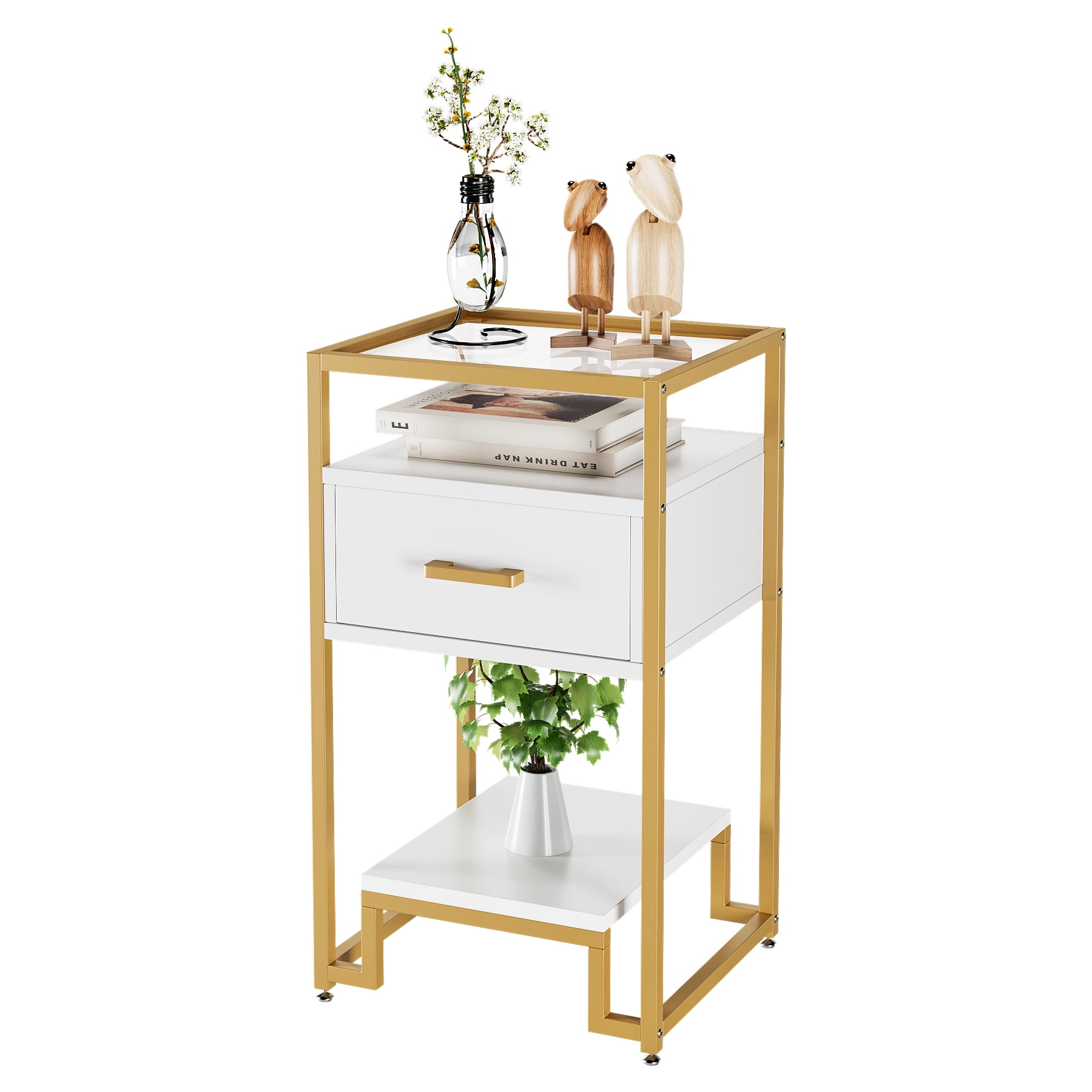 Modern White Gold Bedroom Nightstand with Drawer, 3-Tier Storage ...