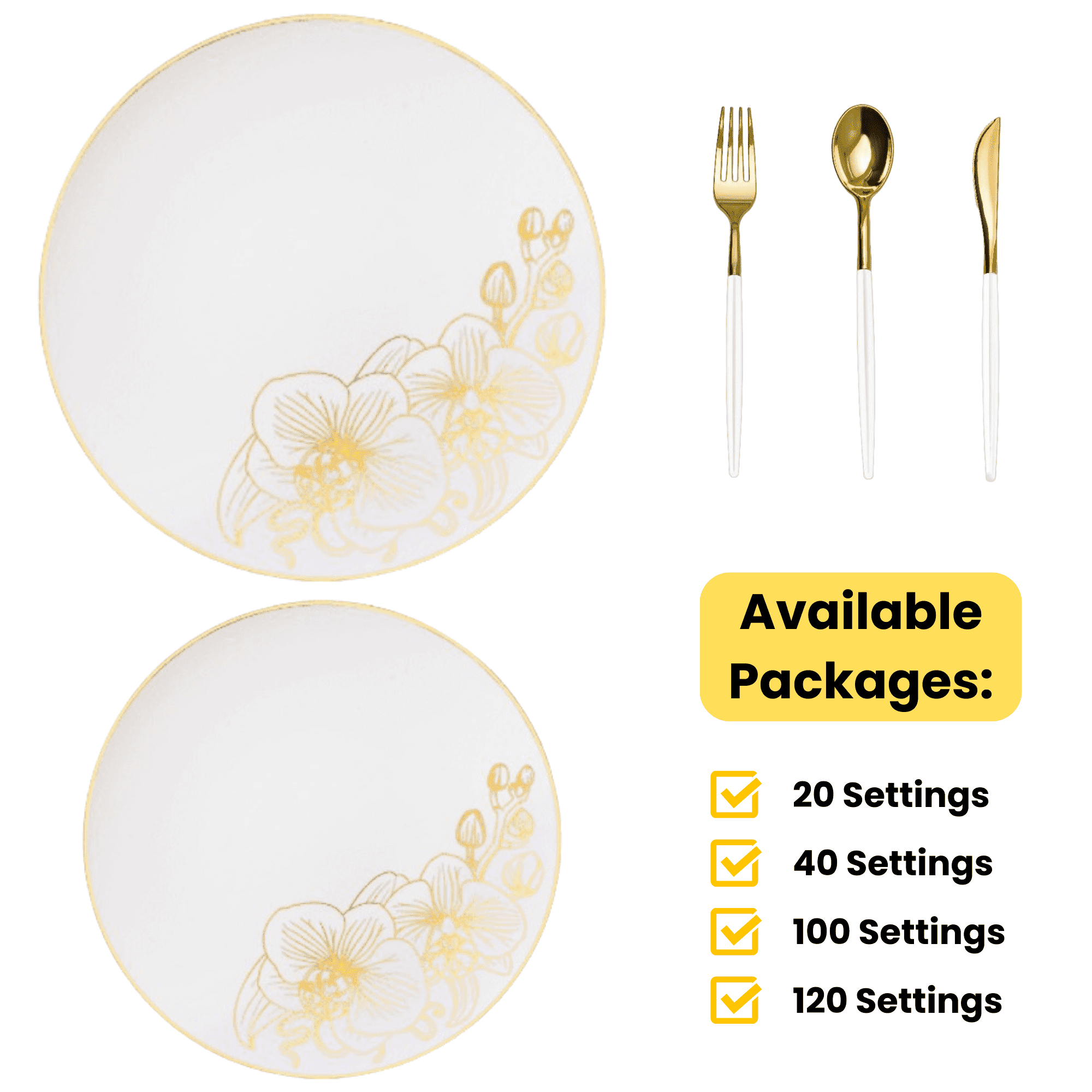 White / Gold Orchid Wedding Plastic Plates Party Bundle w/ White / Gold ...