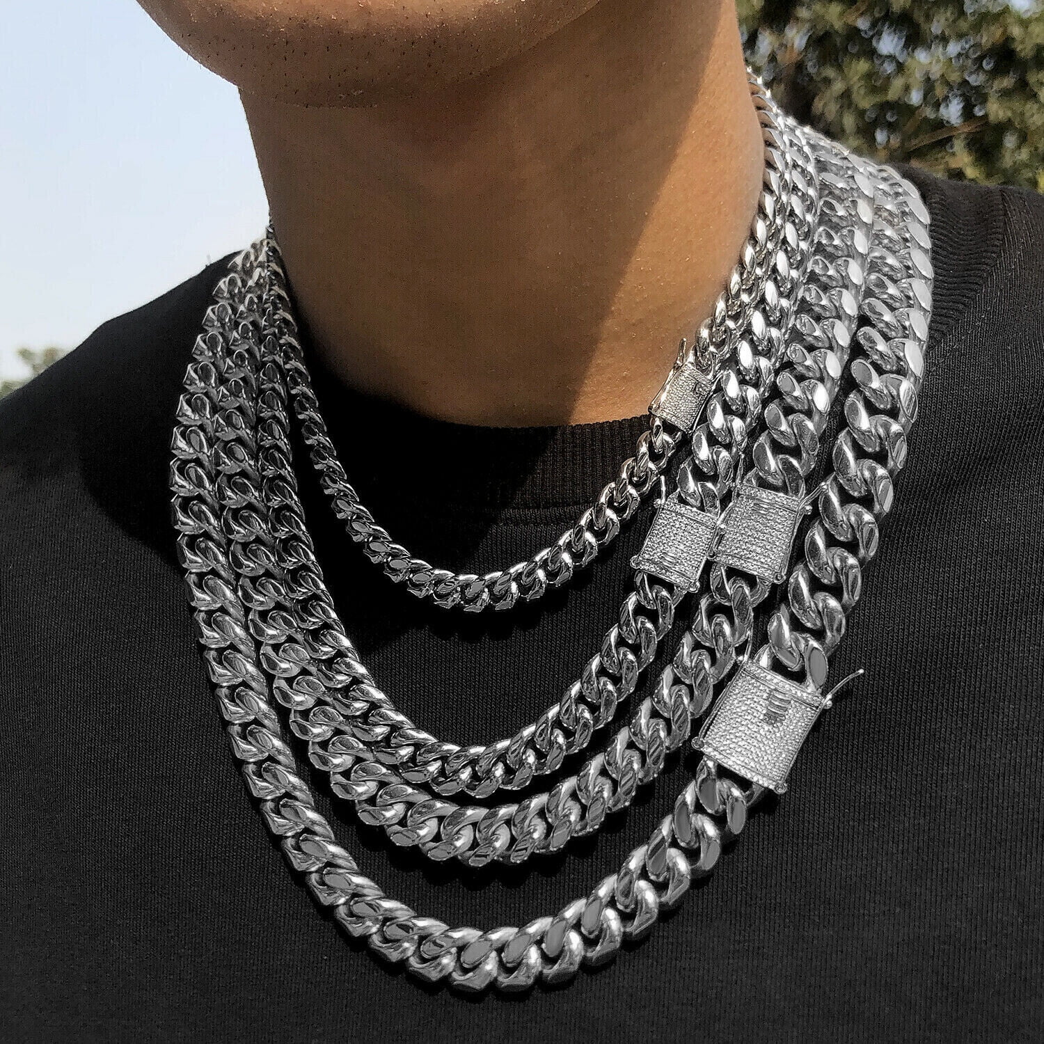 White Gold Plated Stainless Steel Miami Cuban Link Chain Bracelet with CZ Clasp - Walmart.com