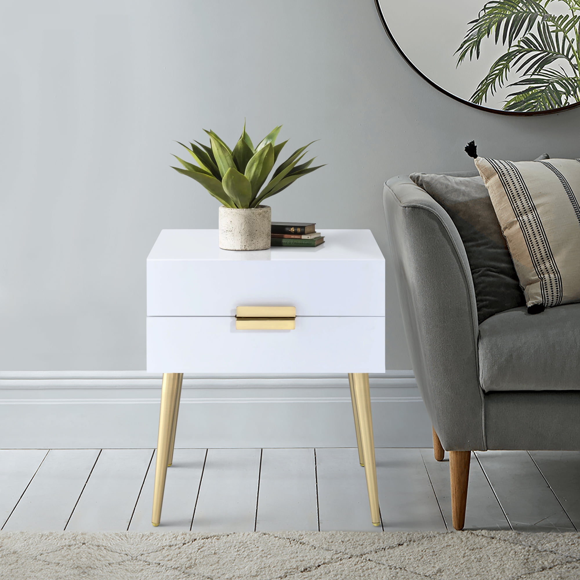 White Gold Side Table with 2 Drawers for Bedroom, Living Room - Two ...