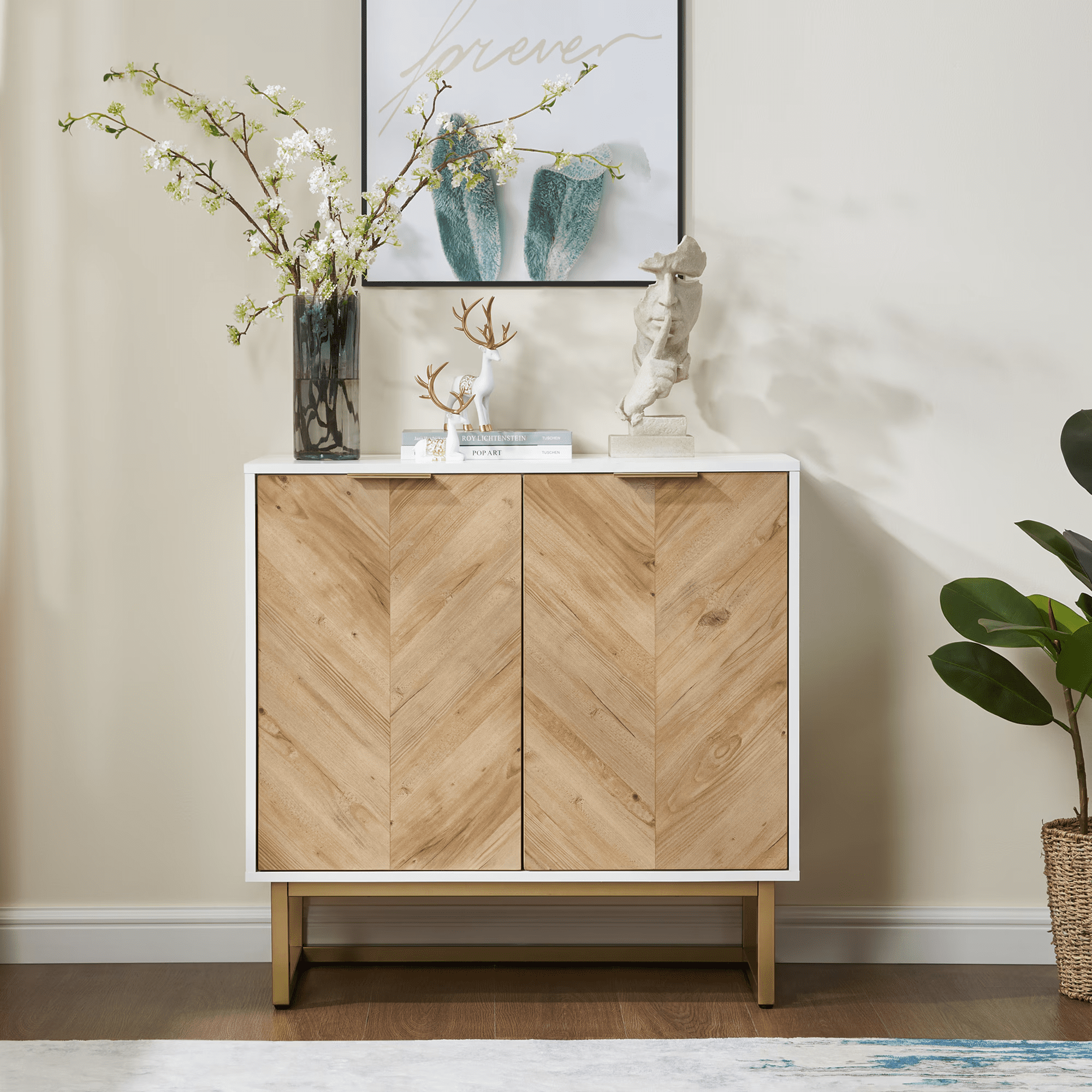 White & Gold Storage Cabinet, Modern Buffet Sideboard with 2 Doors ...