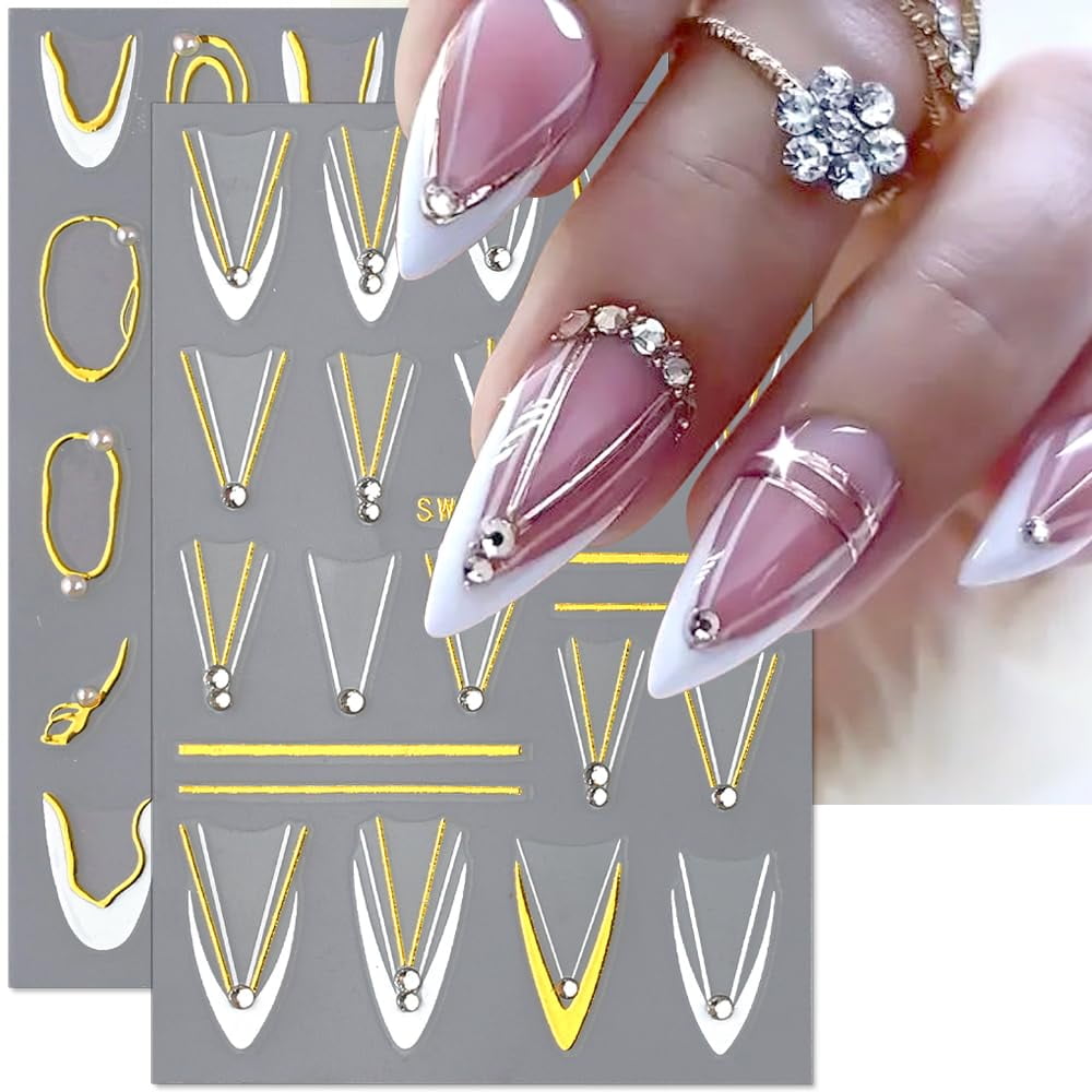 White Gold Stripe Line TMA2 Rhinestones Pearls French Tip Stickers for ...
