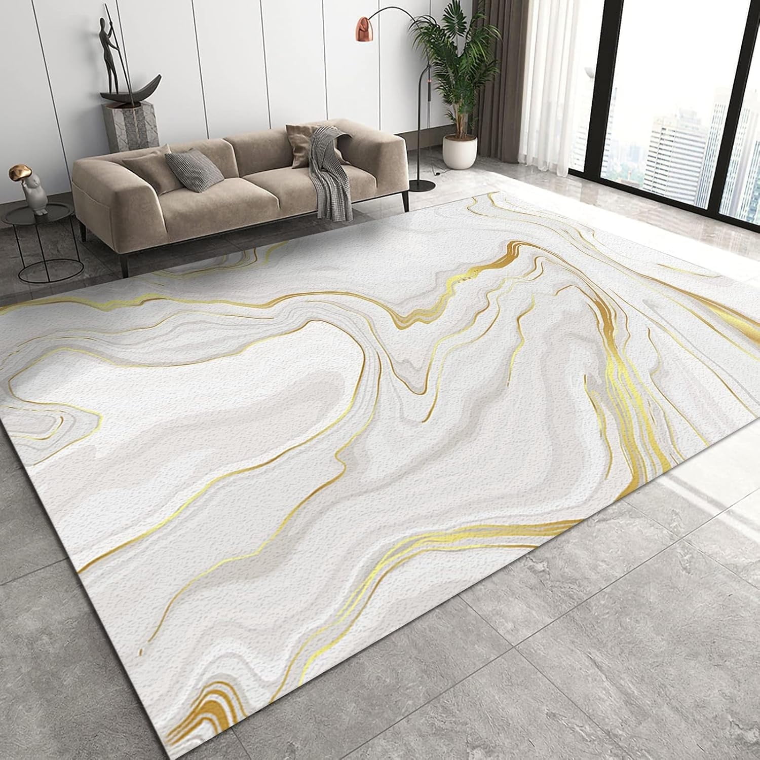 White Gold Striped Area Rugs, Simple Light Luxury Indoor Indoor Non ...