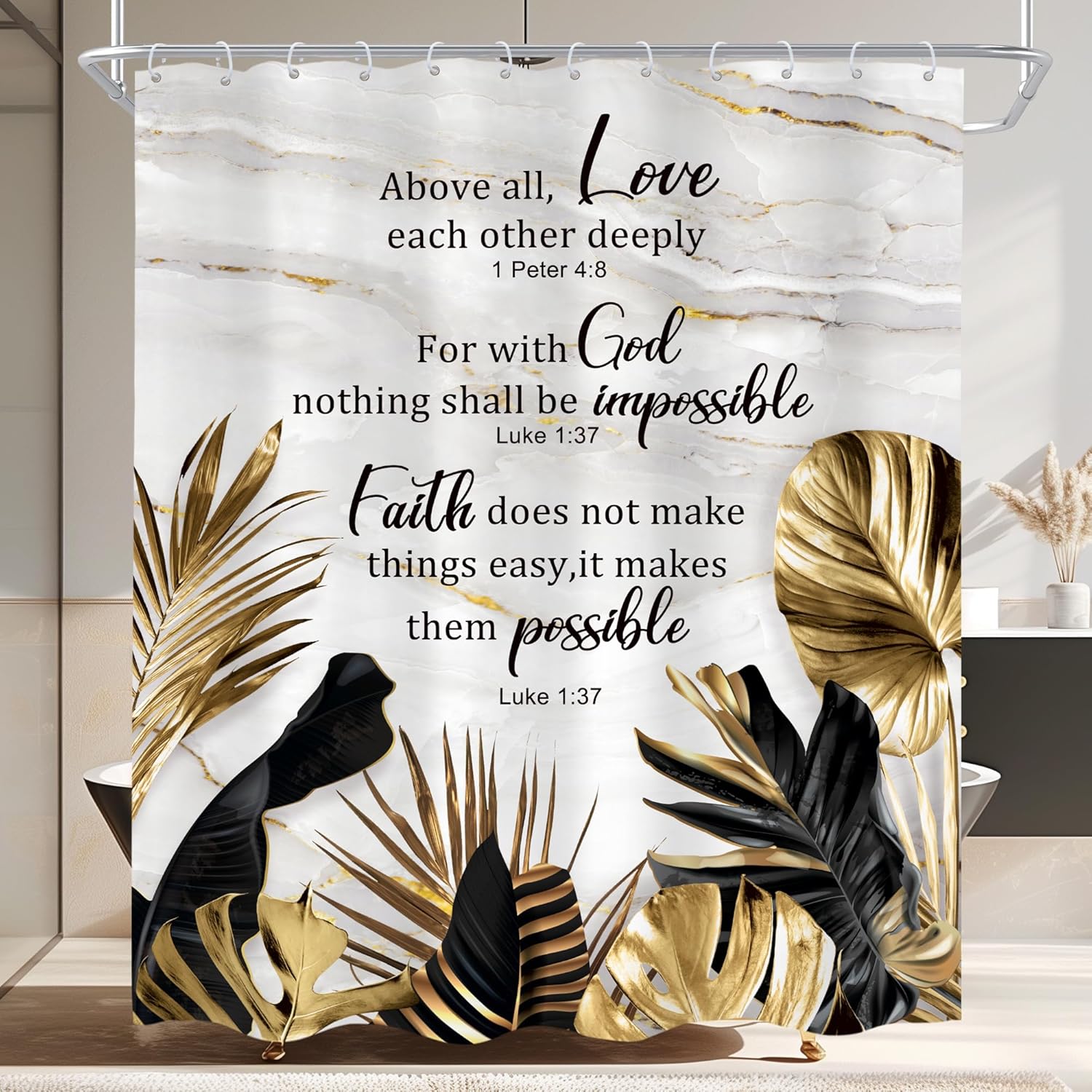 White Gold Tropical Shower Curtain 72"W x 72"L Bible Verse Christian ...
