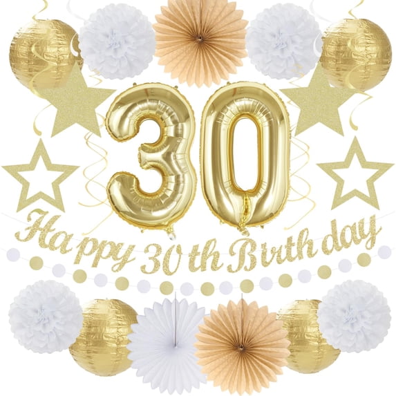 White Gold Women 30th Happy Birthday Party Decorations | 21pcs Kit 30th ...