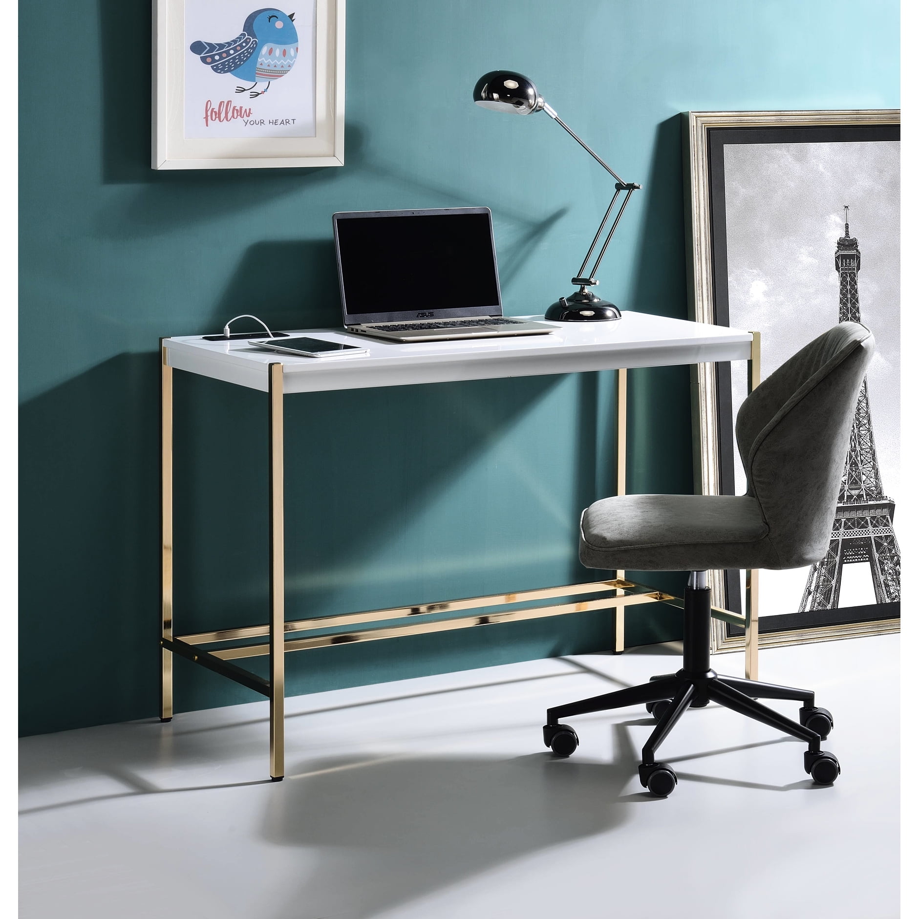 White & Gold Writing Desk With Connection - Stylish Workspace ...