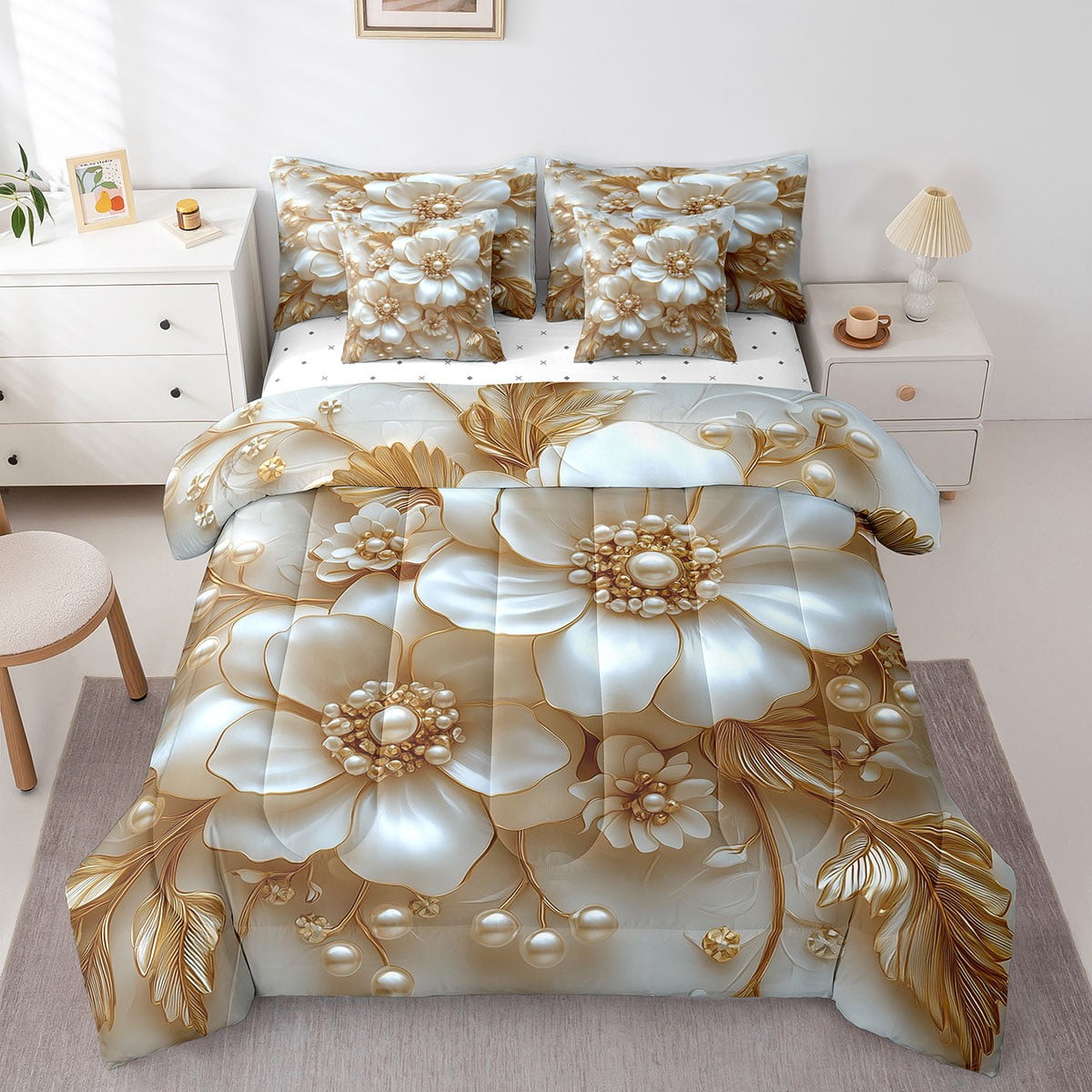 White Golden Bedding Set 7 Pieces Boho Flowers Decor Full Comforter Set ...