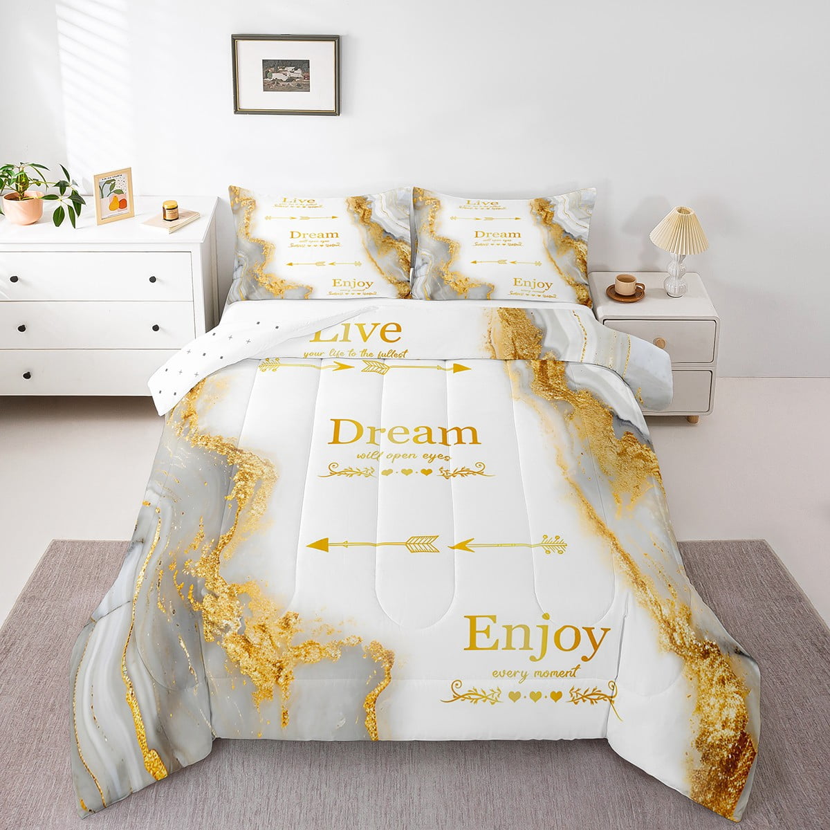 White Golden Marble Comforter Set King Size Modern Abstract Art Bedding ...